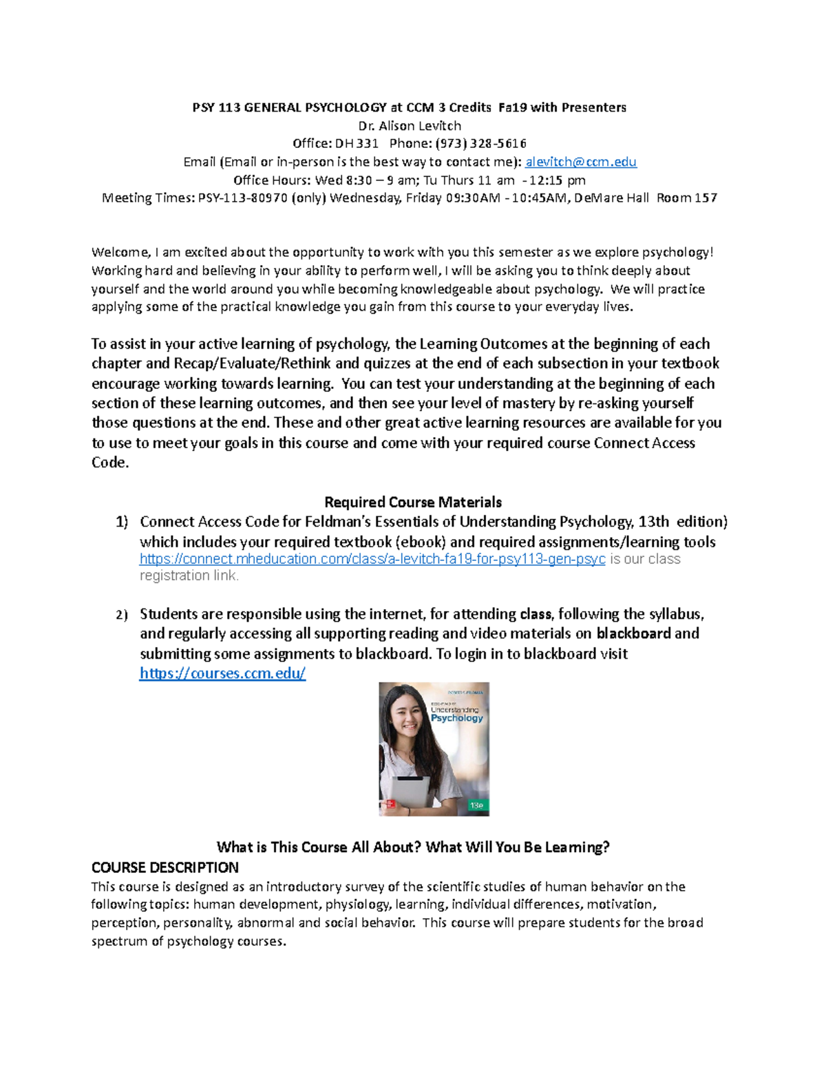 Psy113 fa19 Gen Psyc syllabus Levitch 9.30 am 08.26.2019 Printed to bb ...