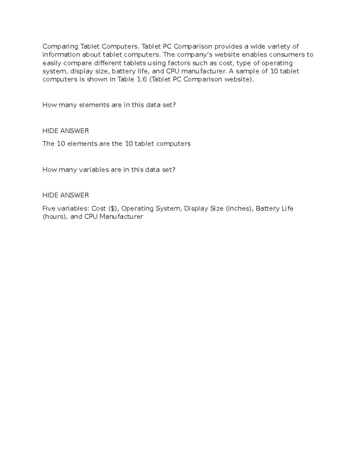 Practice Exercise Stats - Comparing Tablet Computers. Tablet PC ...