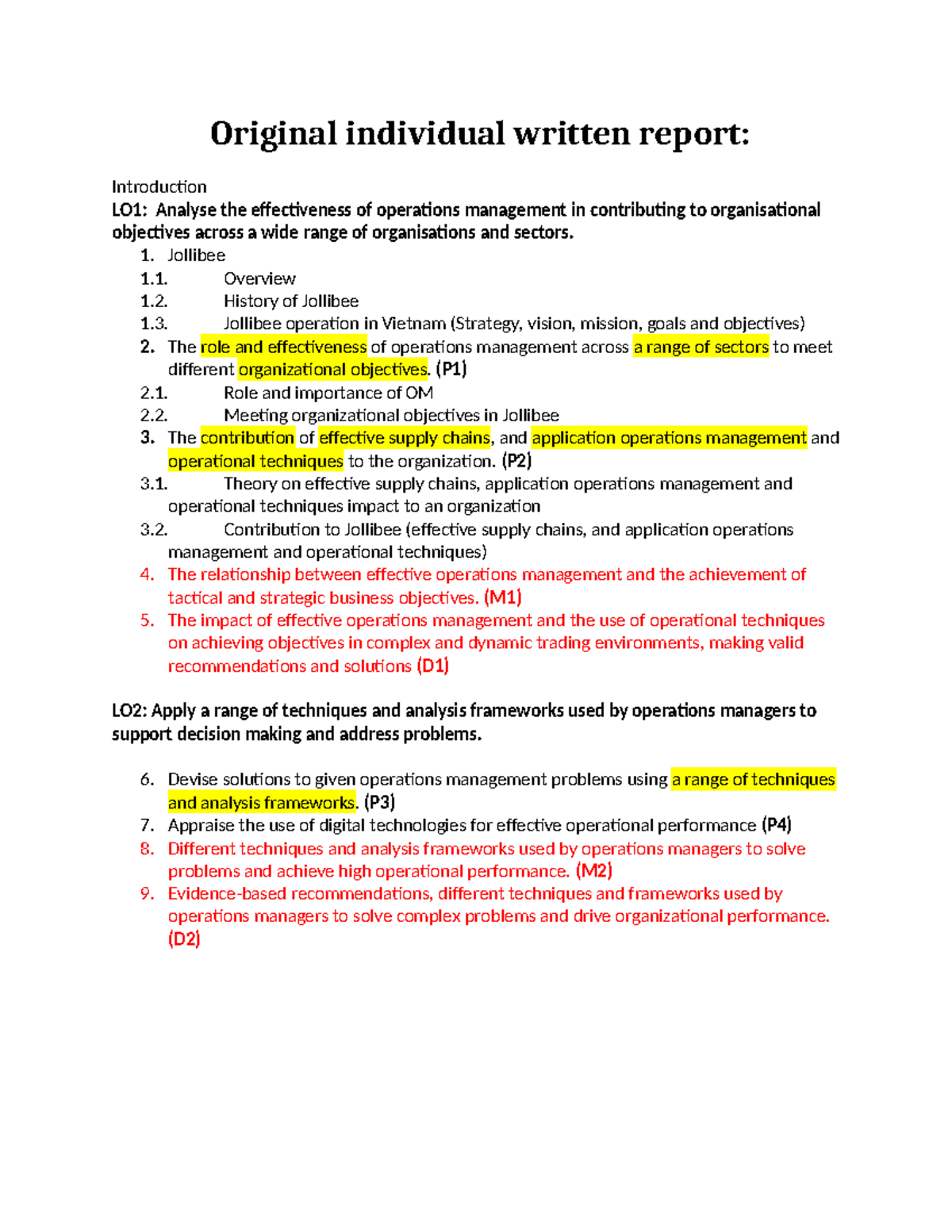 POM outline - Original individual written report: Introduction LO1 ...
