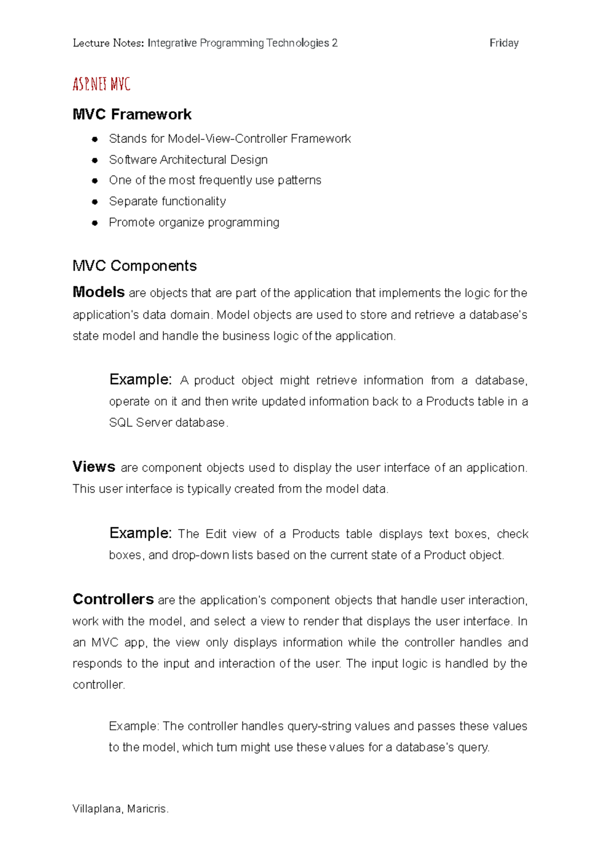 Aspnet Mvcweek3 4 Lecture Notes Asp Mvc Mvc Framework Stands For 1084