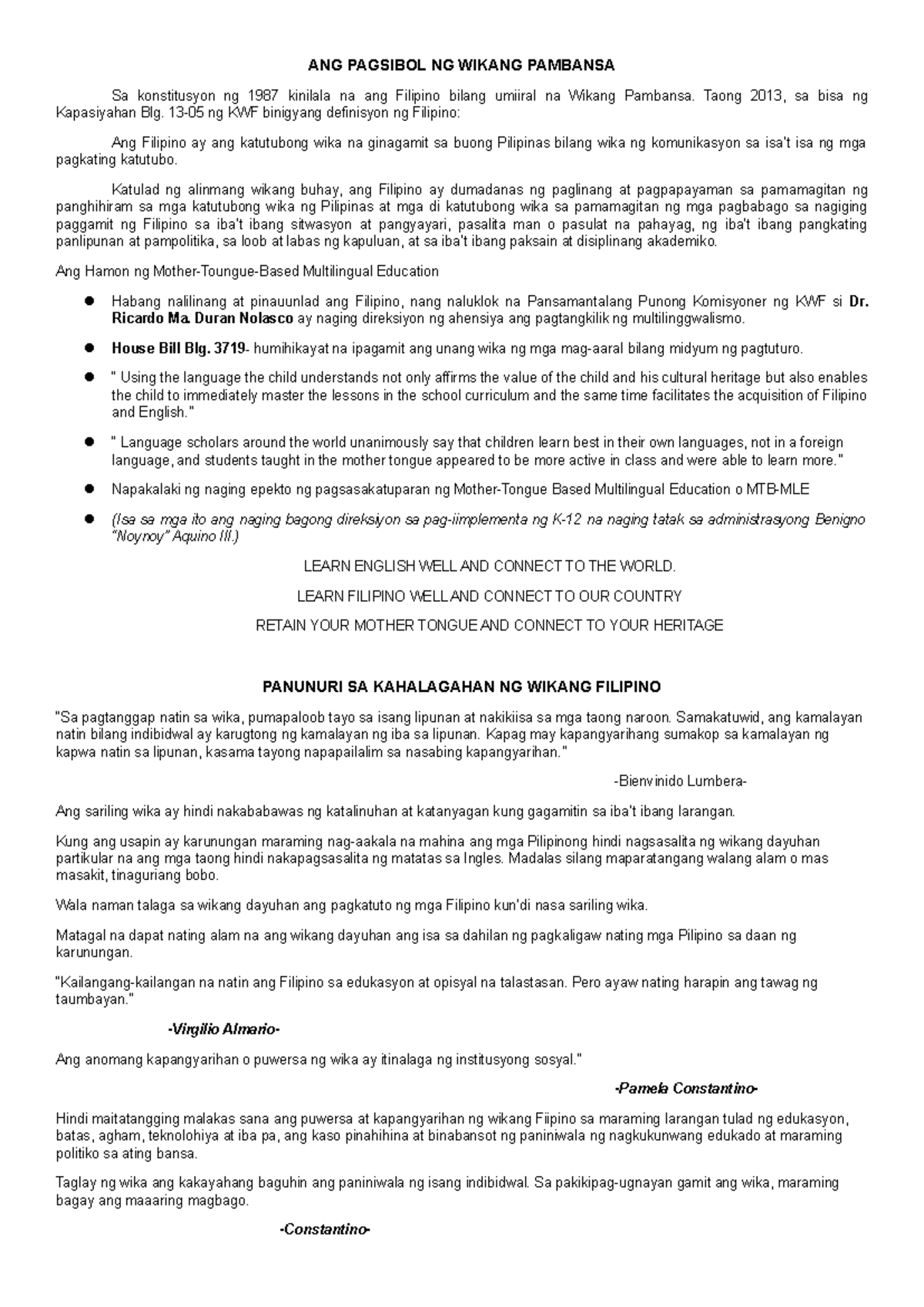 ANG Pagsibol NG Wikang Pambansa fil101 - ANG PAGSIBOL NG WIKANG ...