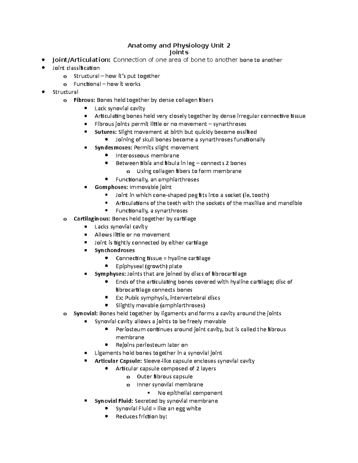 BIOL 430: Advanced Human Anatomy and Physiology I; Unit 2 - Joints ...