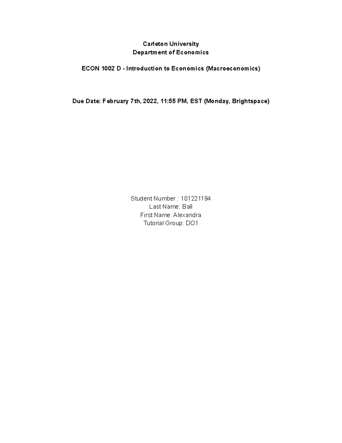 ECON1002D Assignment 1 - Carleton University Department of Economics ECON 1002 D - Introduction ...