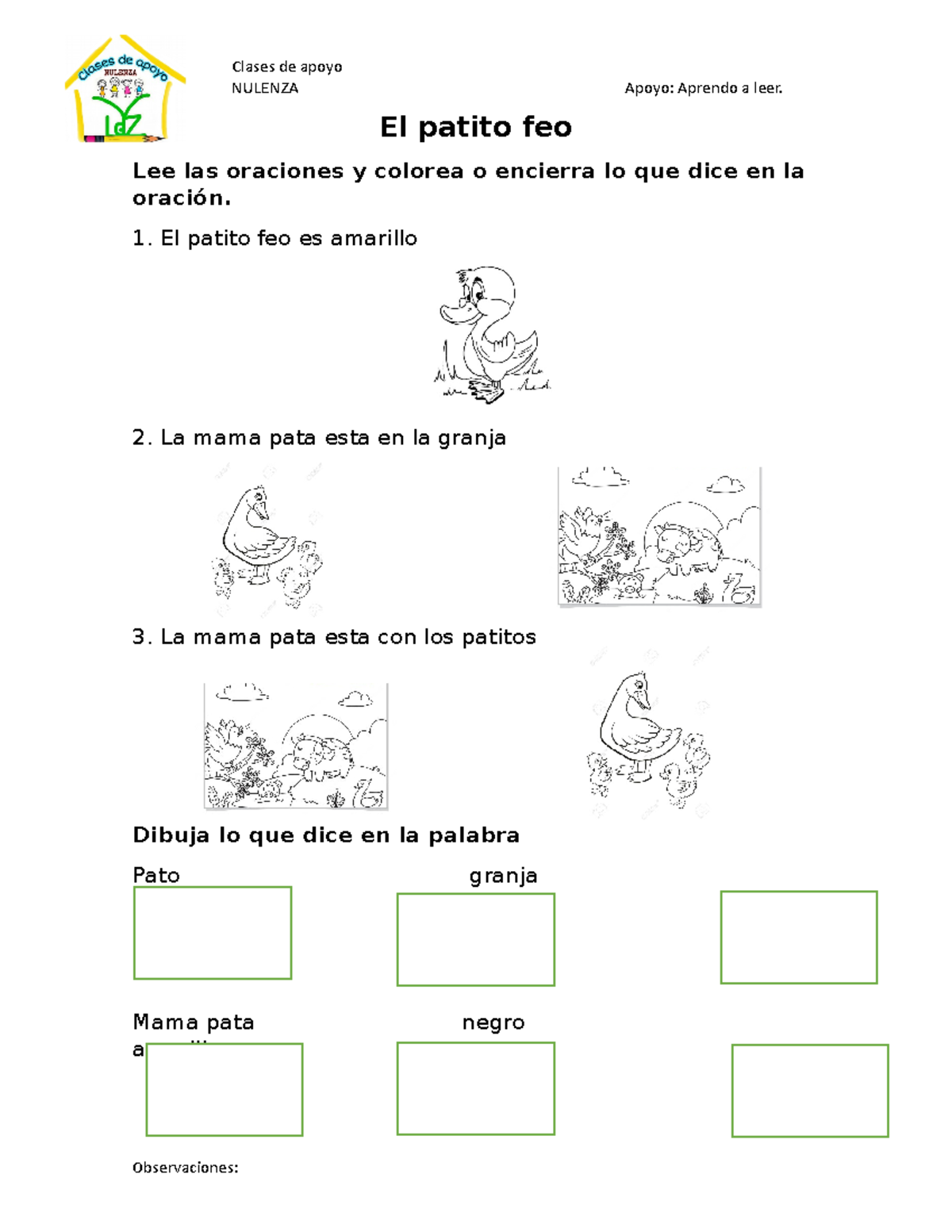 Patito FEO Actividades - NULENZA Apoyo: Aprendo a leer. El patito feo ...