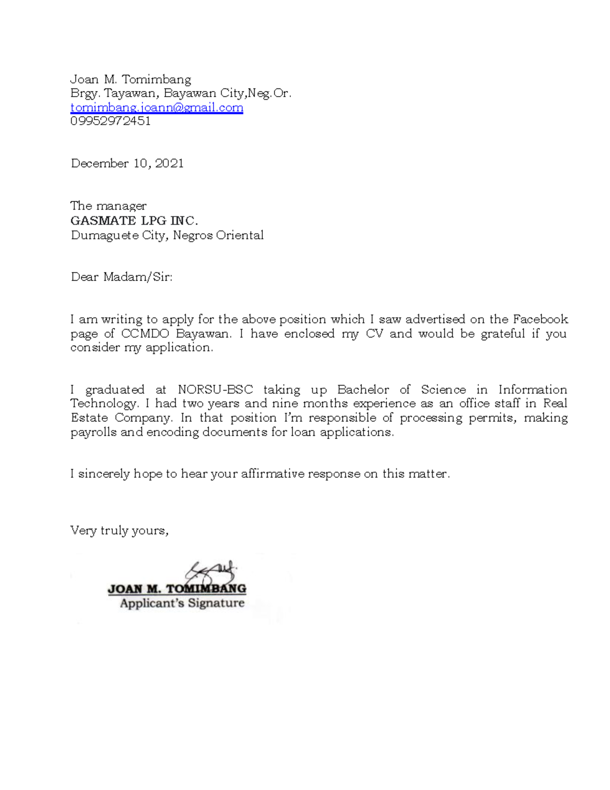 Application Letter - wala - Joan M. Tomimbang Brgy. Tayawan, Bayawan ...