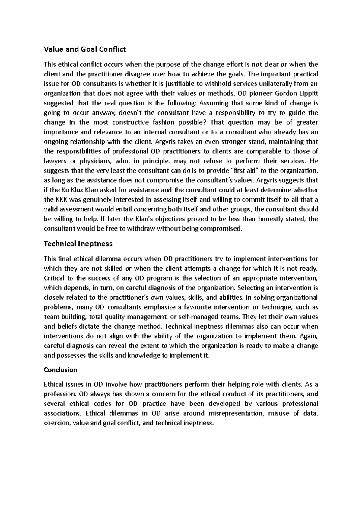 Value and Goal Conflict - The important practical issue for OD consultants is whether it is ...