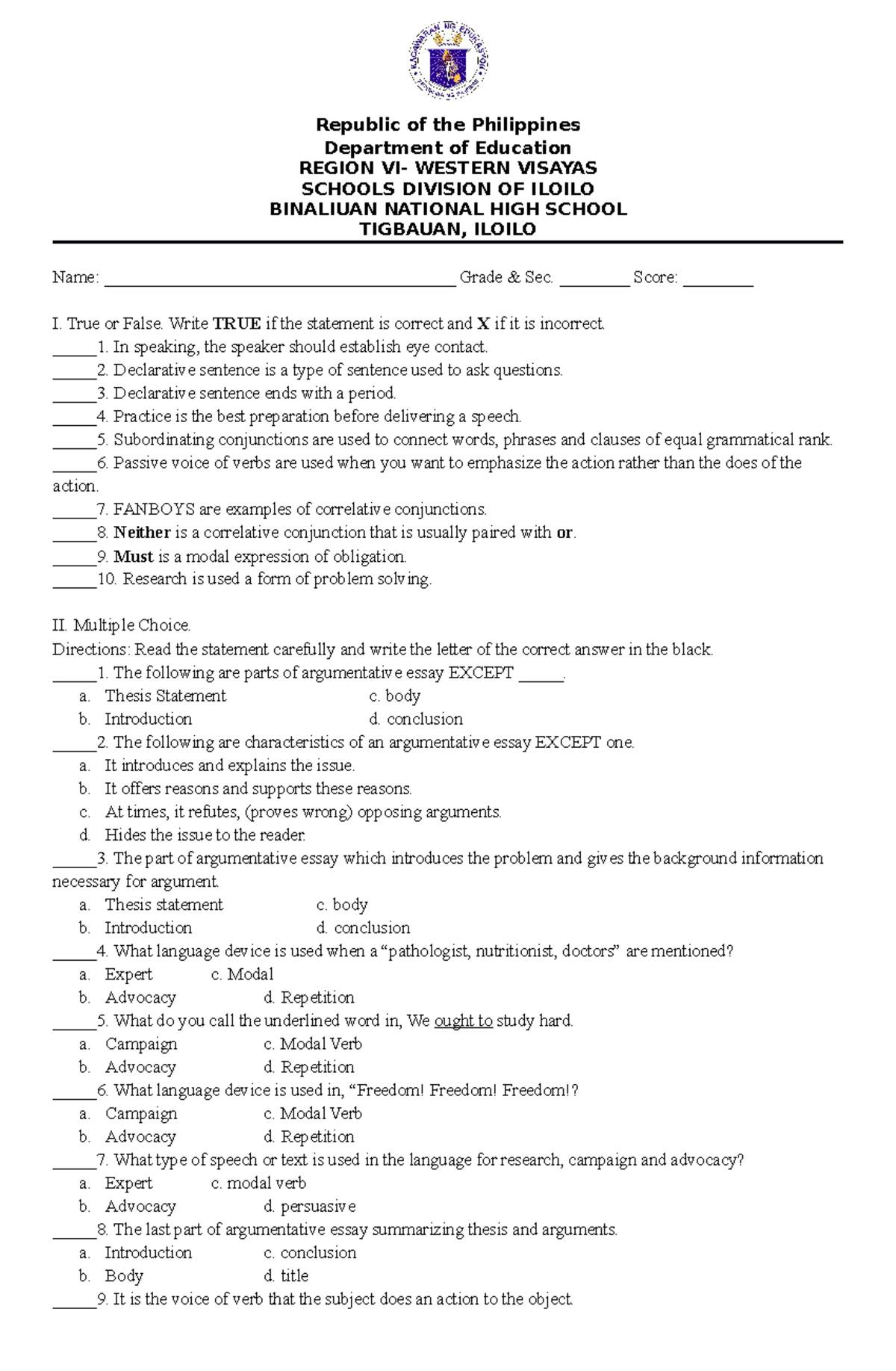 Q2 PT - Periodical Exam - Republic of the Philippines Department of ...