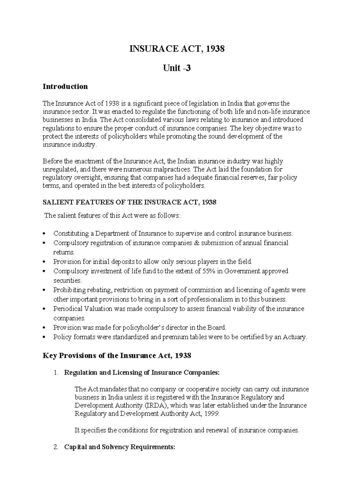 Insurance Act 1938 - INSURACE ACT, 1938 Unit - Introduction The ...