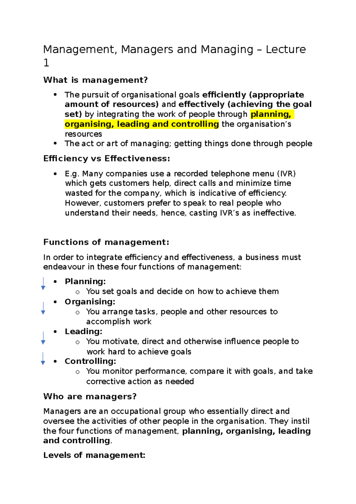 Lecture 1 notes - Management, Managers and Managing – Lecture 1 What is ...