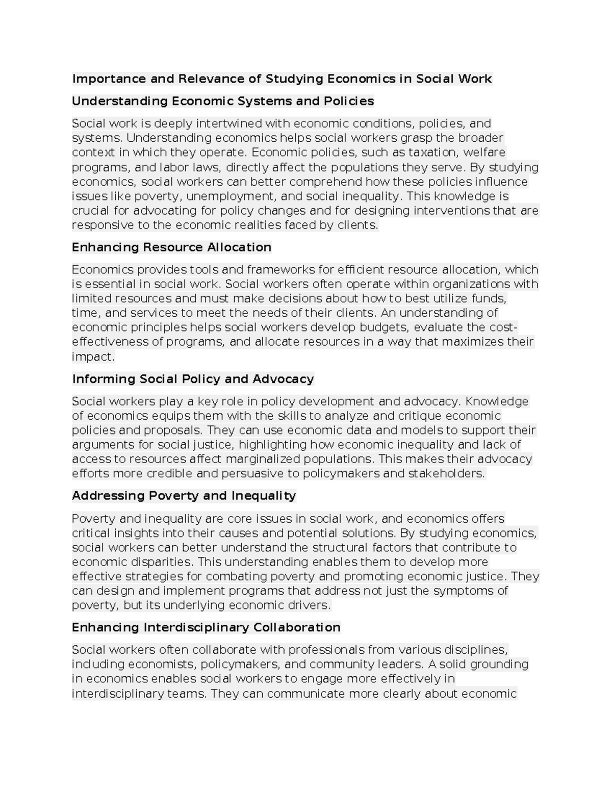 Importance and Relevance of Studying Economics in Social Work ...