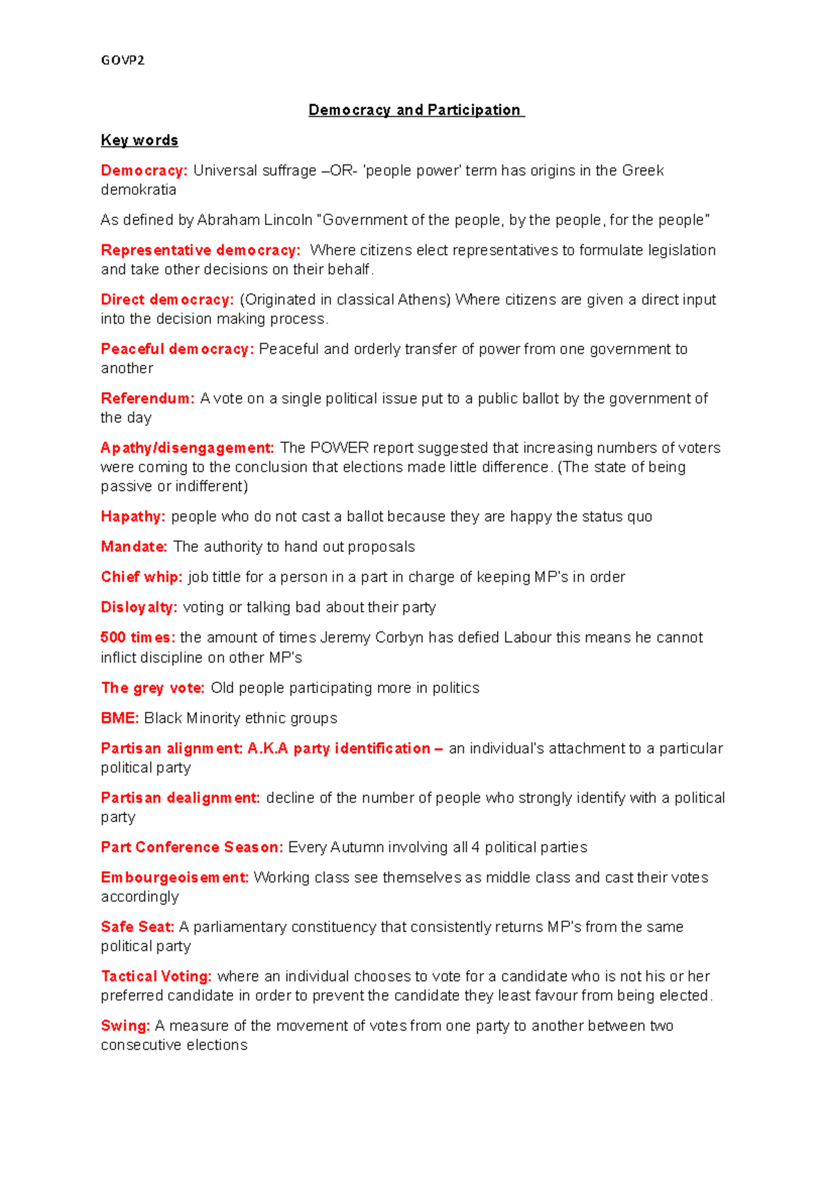 GOVP2 notes - Democracy and Participation Key words Democracy ...