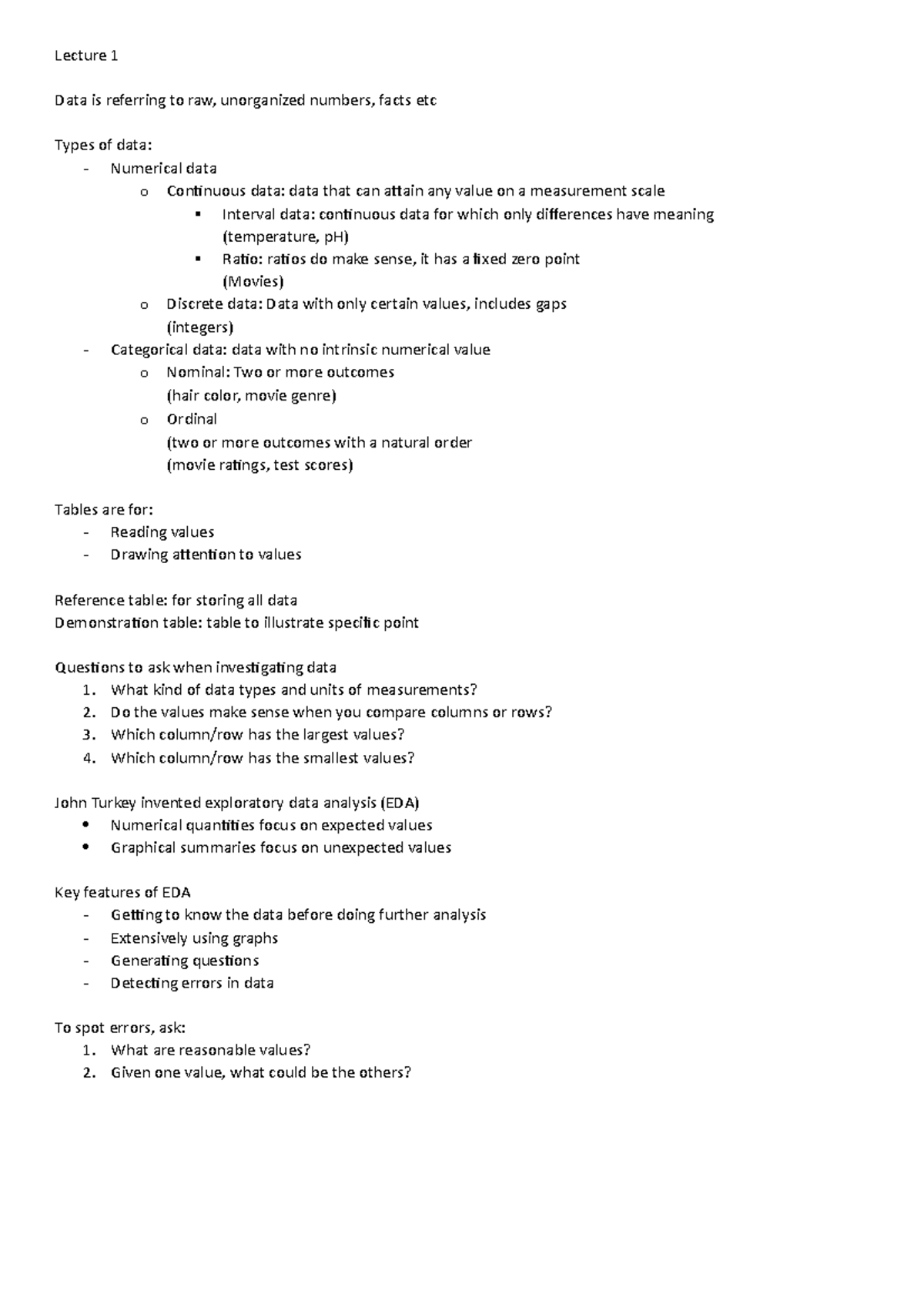 Notes - Lecture 1 Data is referring to raw, unorganized numbers, facts ...