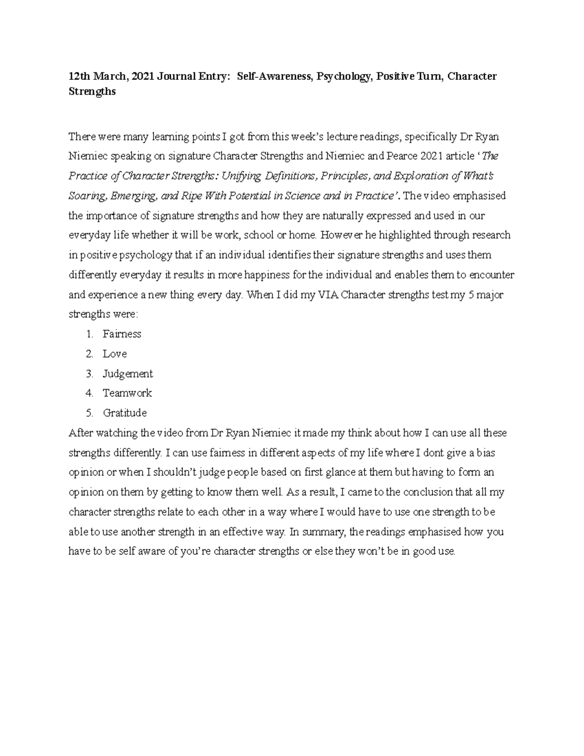 Journal Entry 2 - 12th March, 2021 Journal Entry: Self-Awareness ...