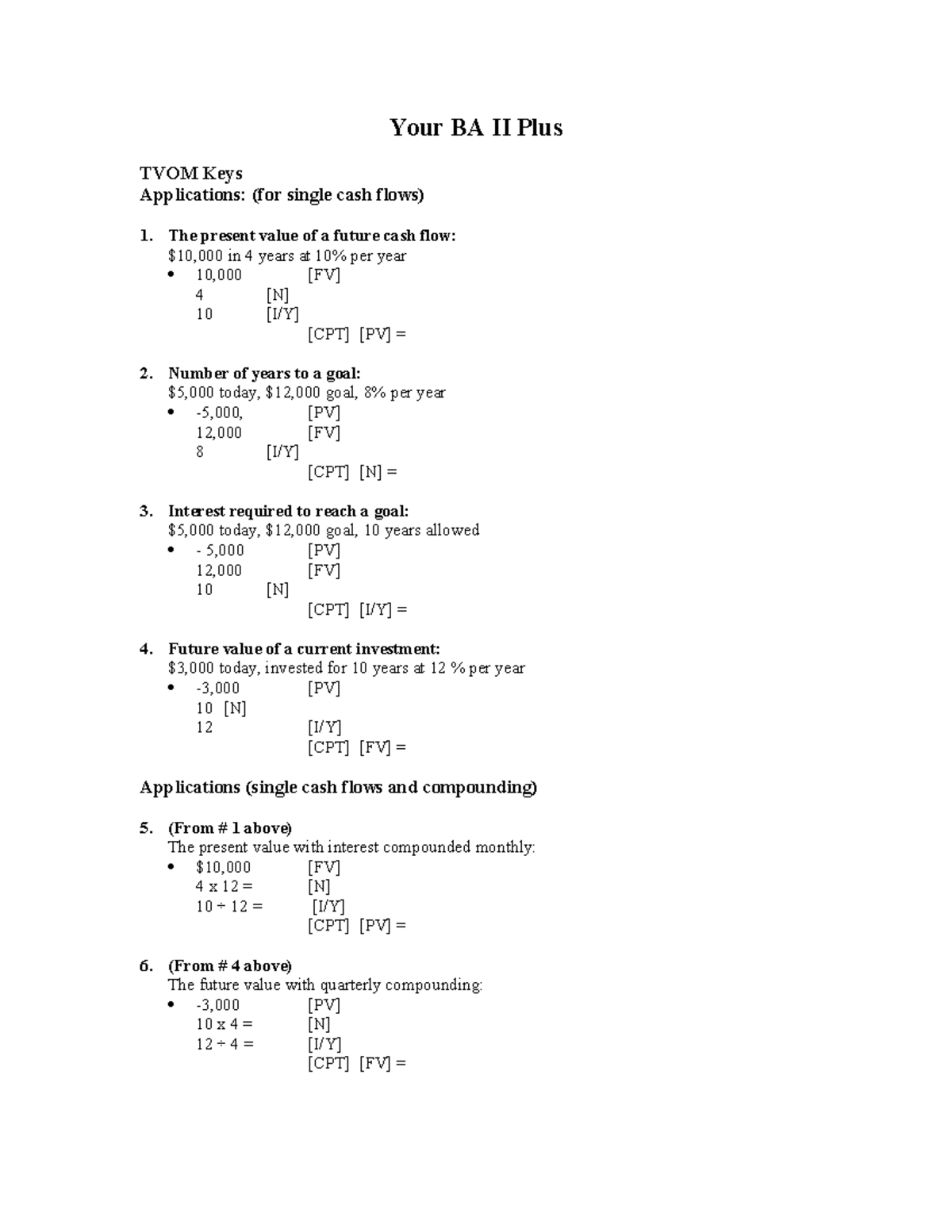 Fin335 Ba2 Plusreview Your Ba Ii Plus Tvom Keys Applications For Single Cash Flows The 