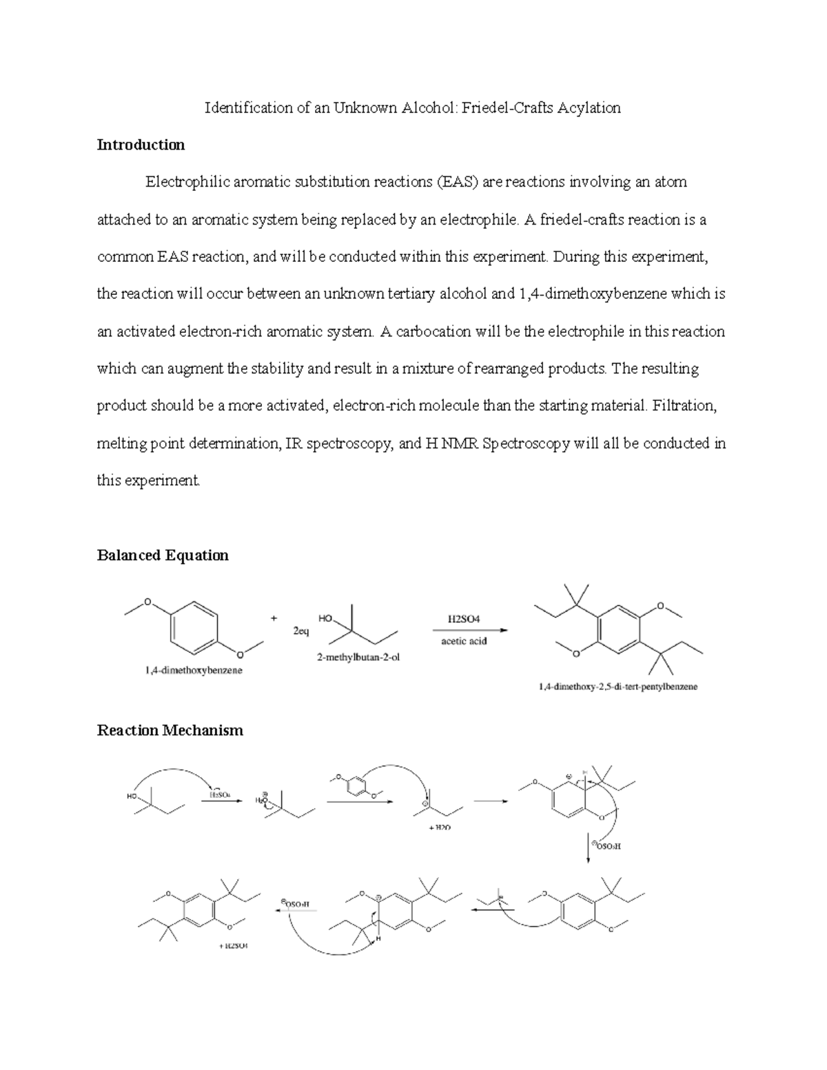 Pre-Lab 10 - Friedel-crafts acylation - Identification of an Unknown ...