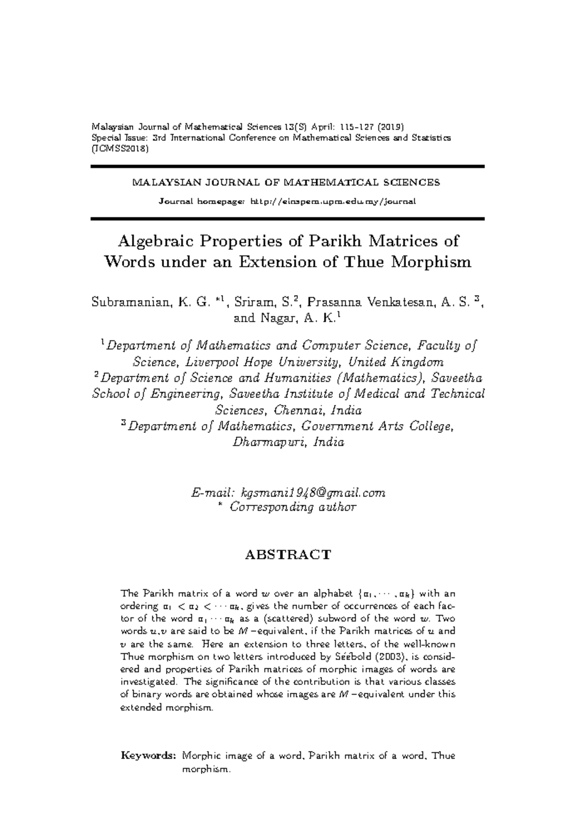 Algebraic Properties of Parikh Matrices of Words under an Extension of Thue Morphism - Malaysian ...