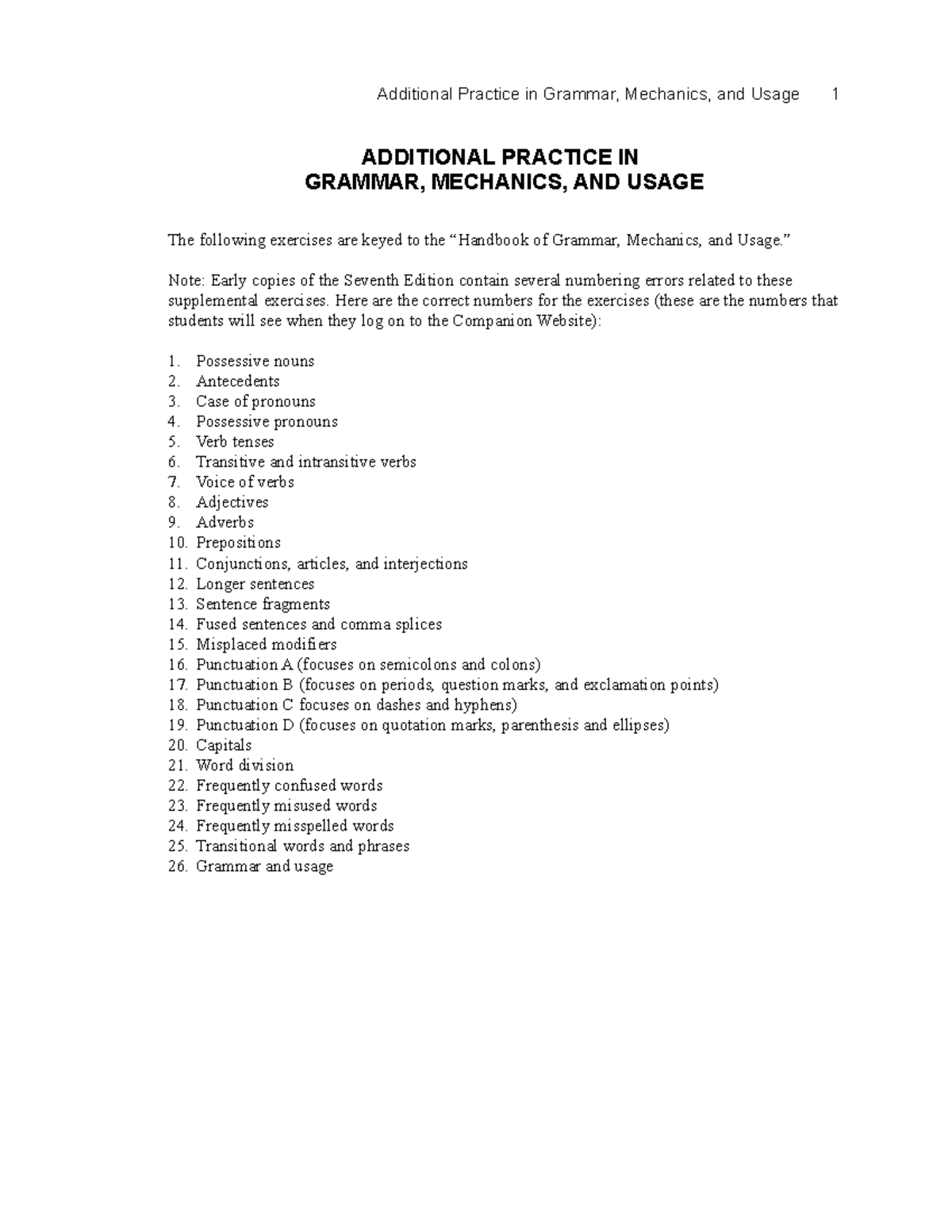 Additional Exercises GMU - Additional Practice in Grammar, Mechanics ...