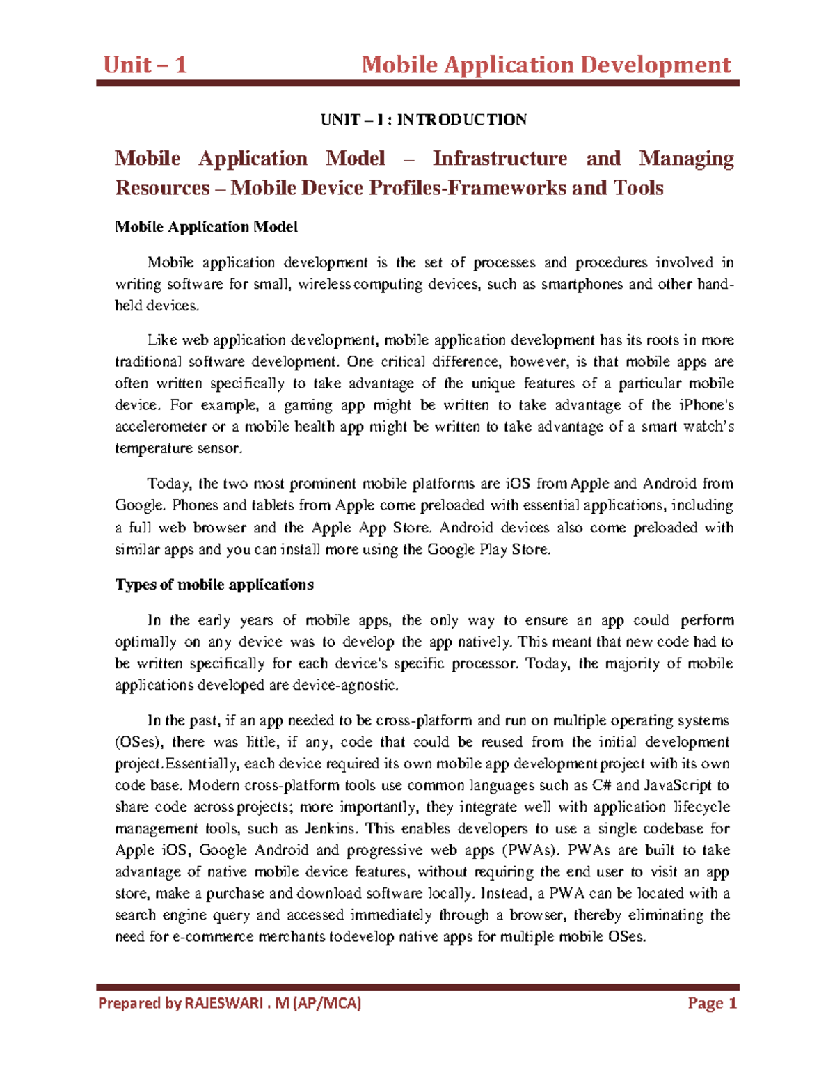 UNIT 1 (mad) - bca - UNIT – I : INTRODUCTION Mobile Application Model – Infrastructure and ...