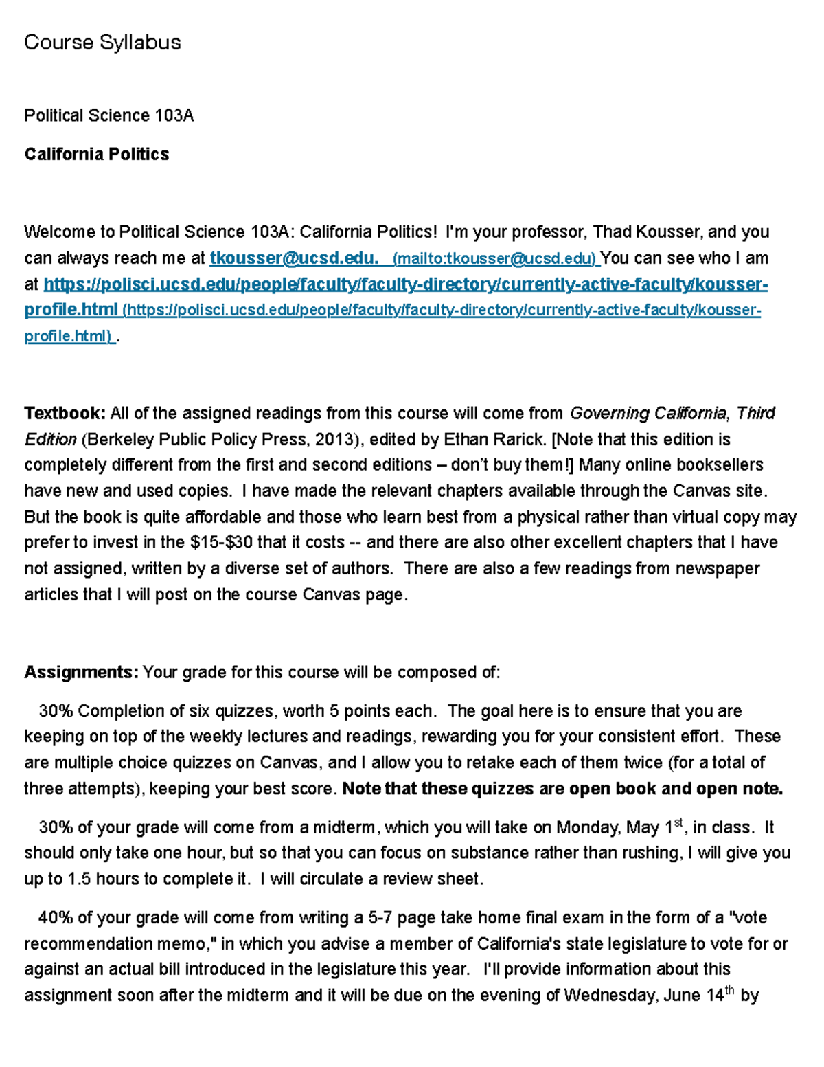 Syllabus for POLI 103A - Calif Government & Politics - Kousser [SP23 ...