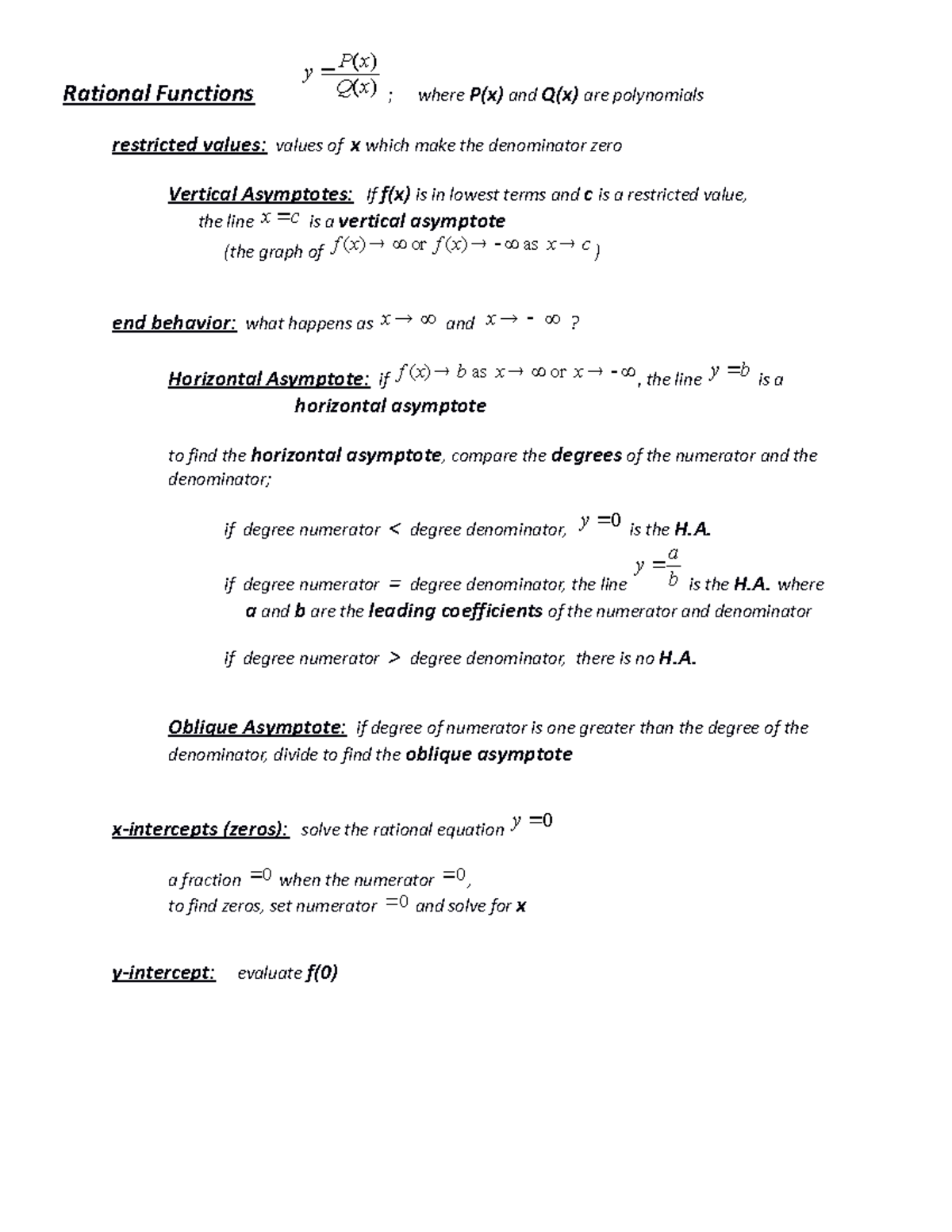 Rational Functions handout - Rational Functions ( ) ( ) P x y Q x ; where P(x) and Q(x) are ...