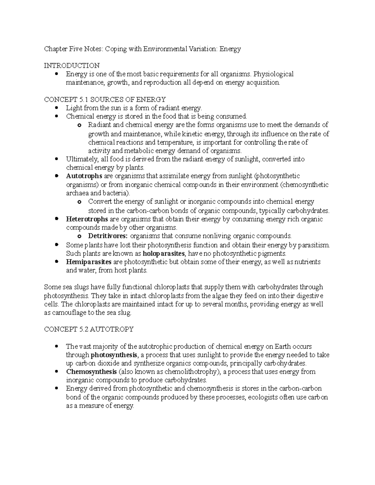 Ecology Chapter Five Notes - Chapter Five Notes: Coping with ...