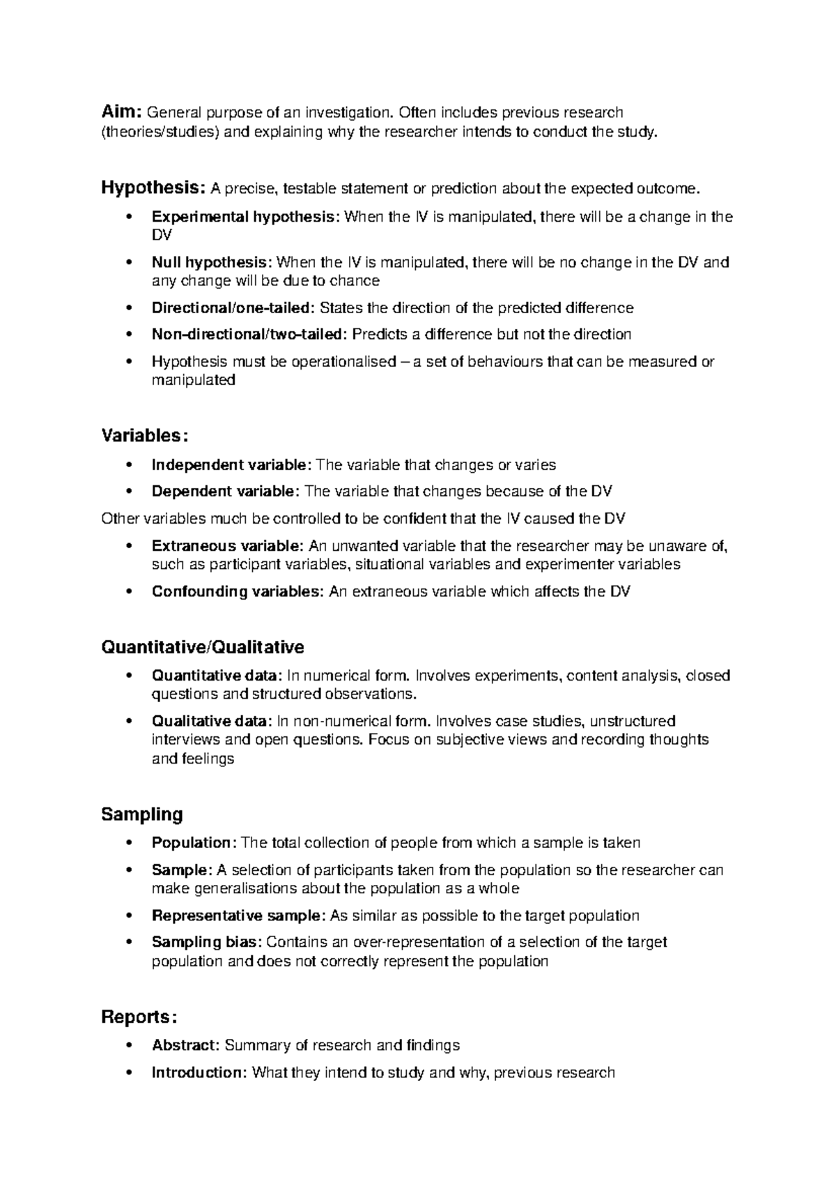 Research methods - LECTURE NOTES - Aim: General purpose of an ...