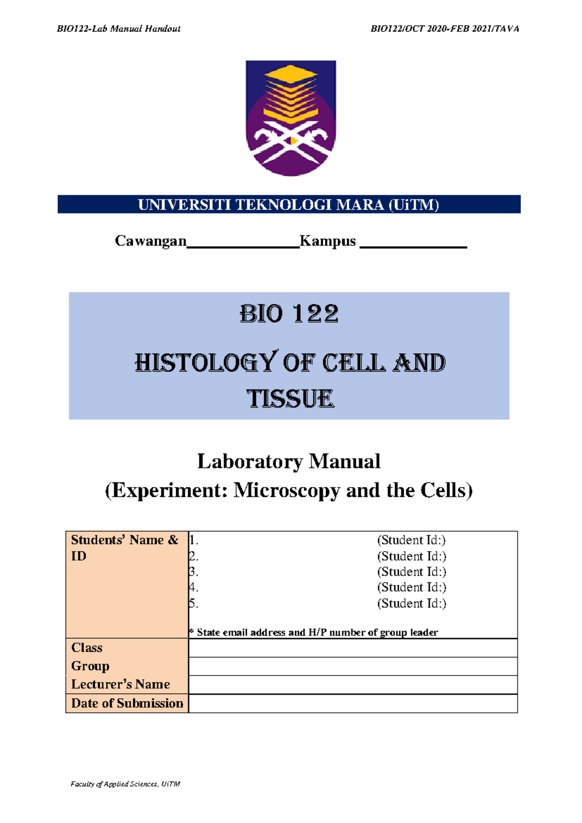 LAB Manual - BIO122/OCT 2020-FEB 2021/TAVA Faculty of Applied Sciences, UiTM BIO122-Lab Manual ...