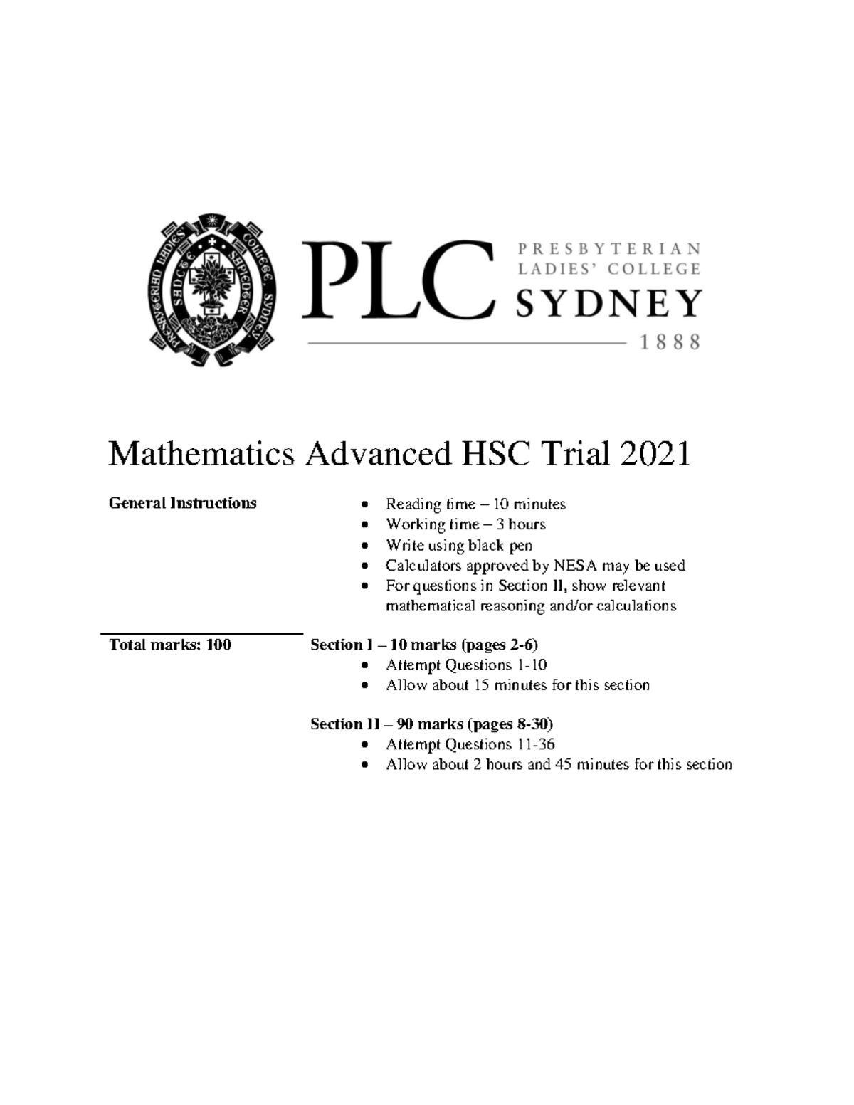 2021 Yr 12 Adv Trial Exam - Mathematics Advanced HSC Trial 2021 General ...