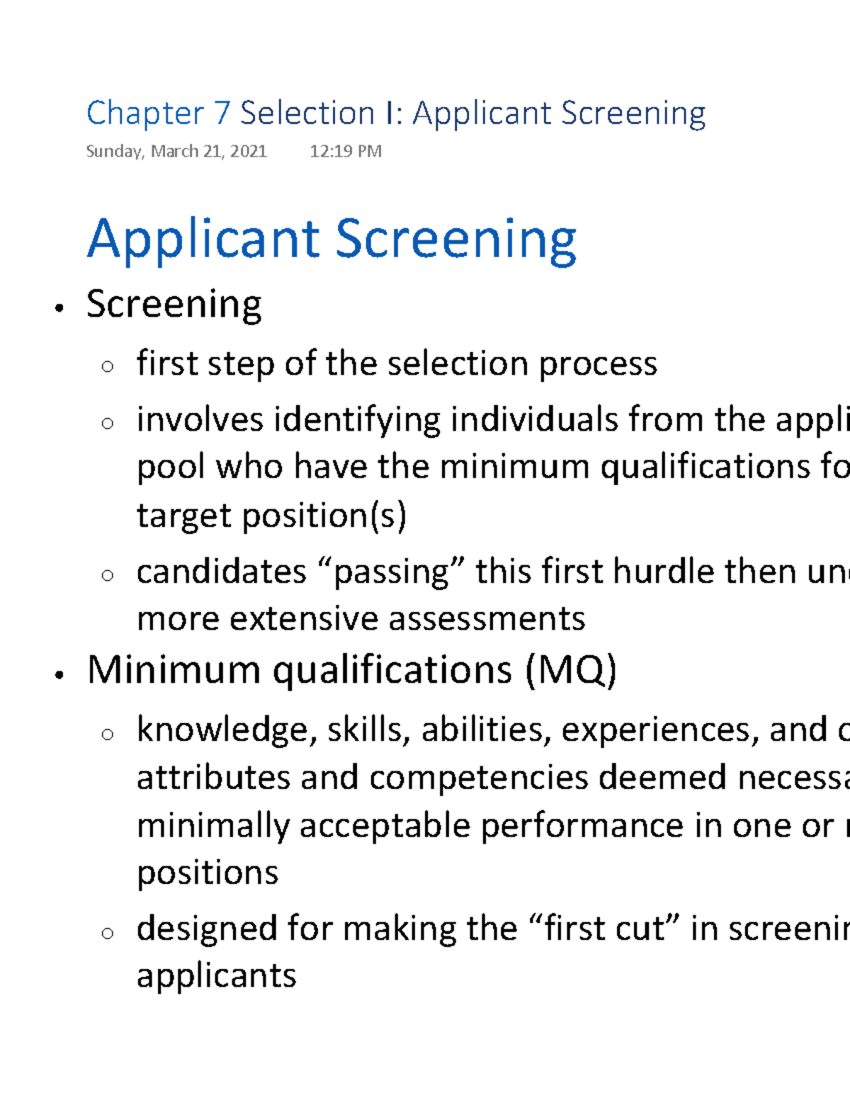 Chapter 7 Selection I Applicant Screening - Applicant Screening ...