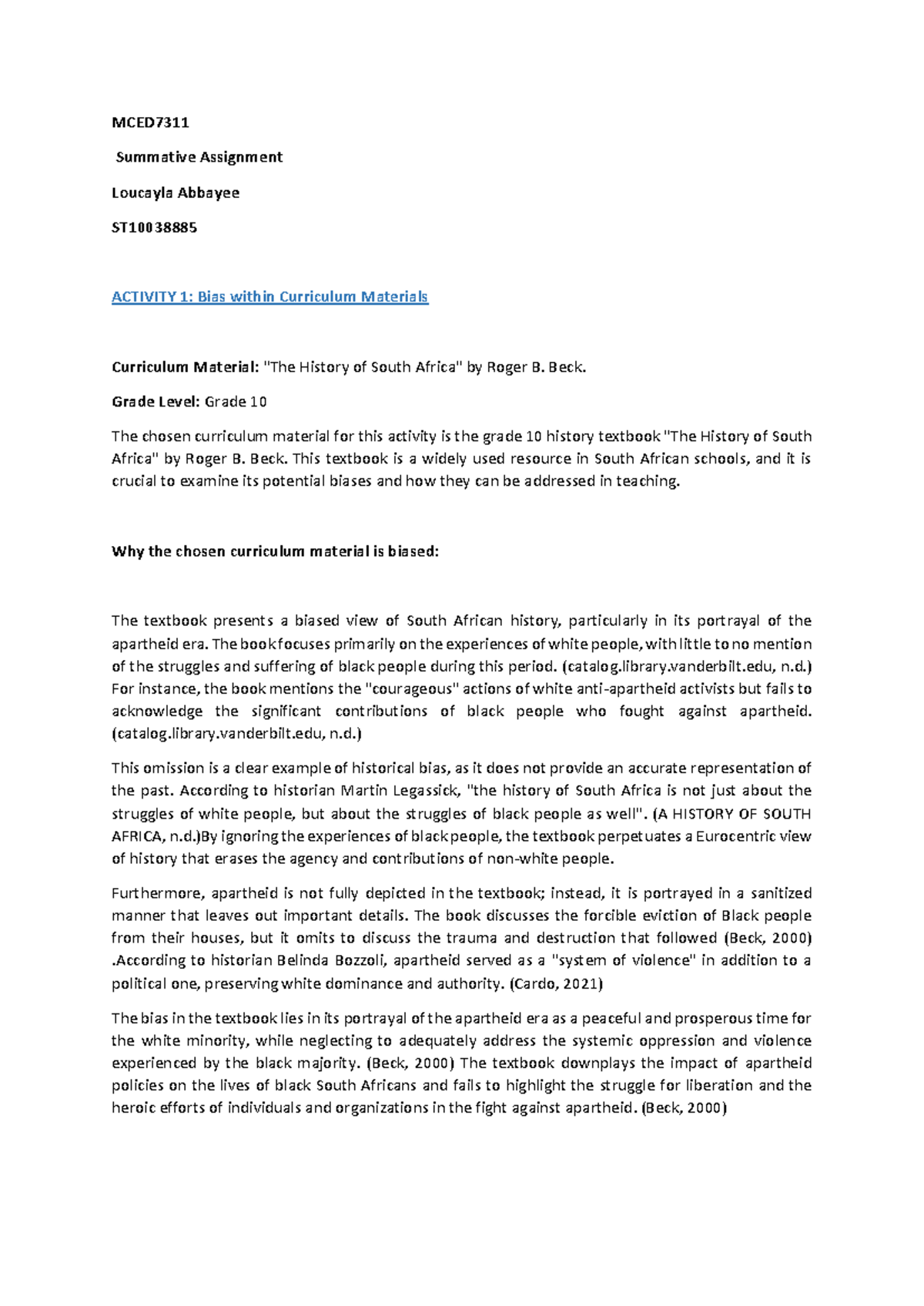 MCED Summative Assignment - MCED Summative Assignment Loucayla Abbayee ...