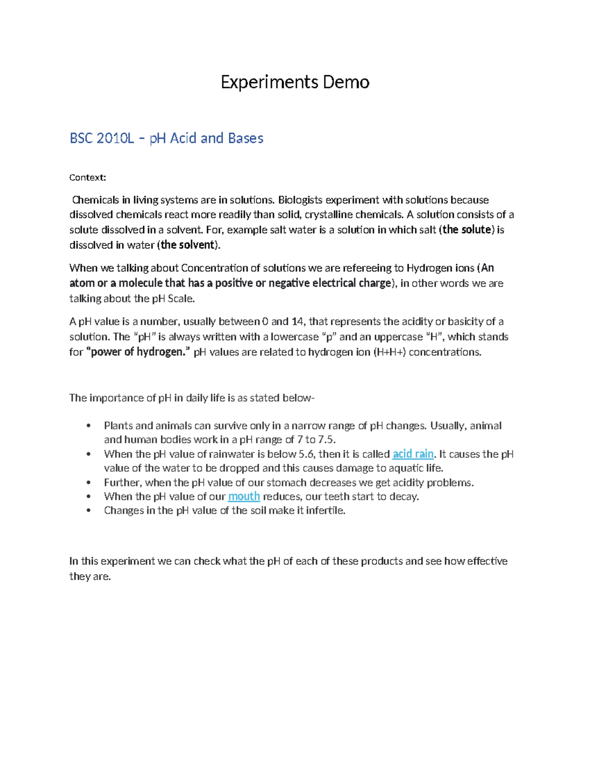 Experiments Demo Plan - acid - Experiments Demo BSC 2010L – pH Acid and ...
