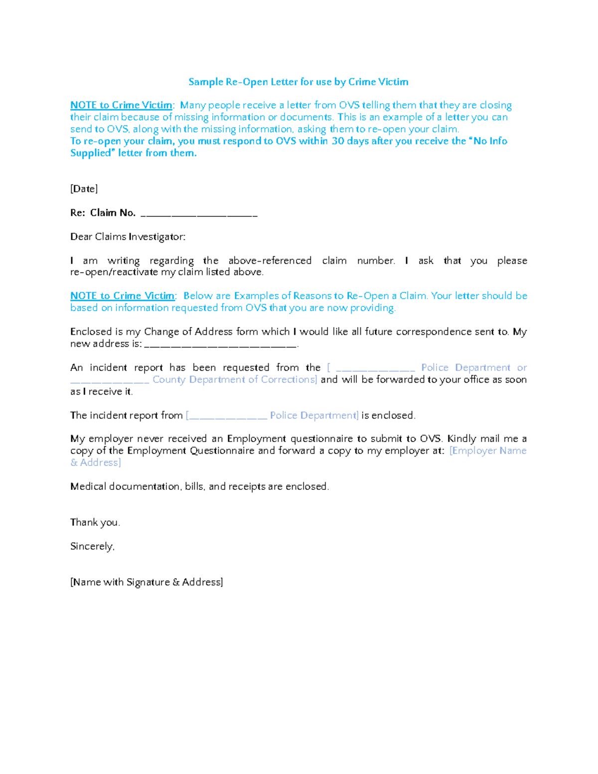 Sample Letter to Reopen Claim for use by Crime Victim 1 - Sample Re ...