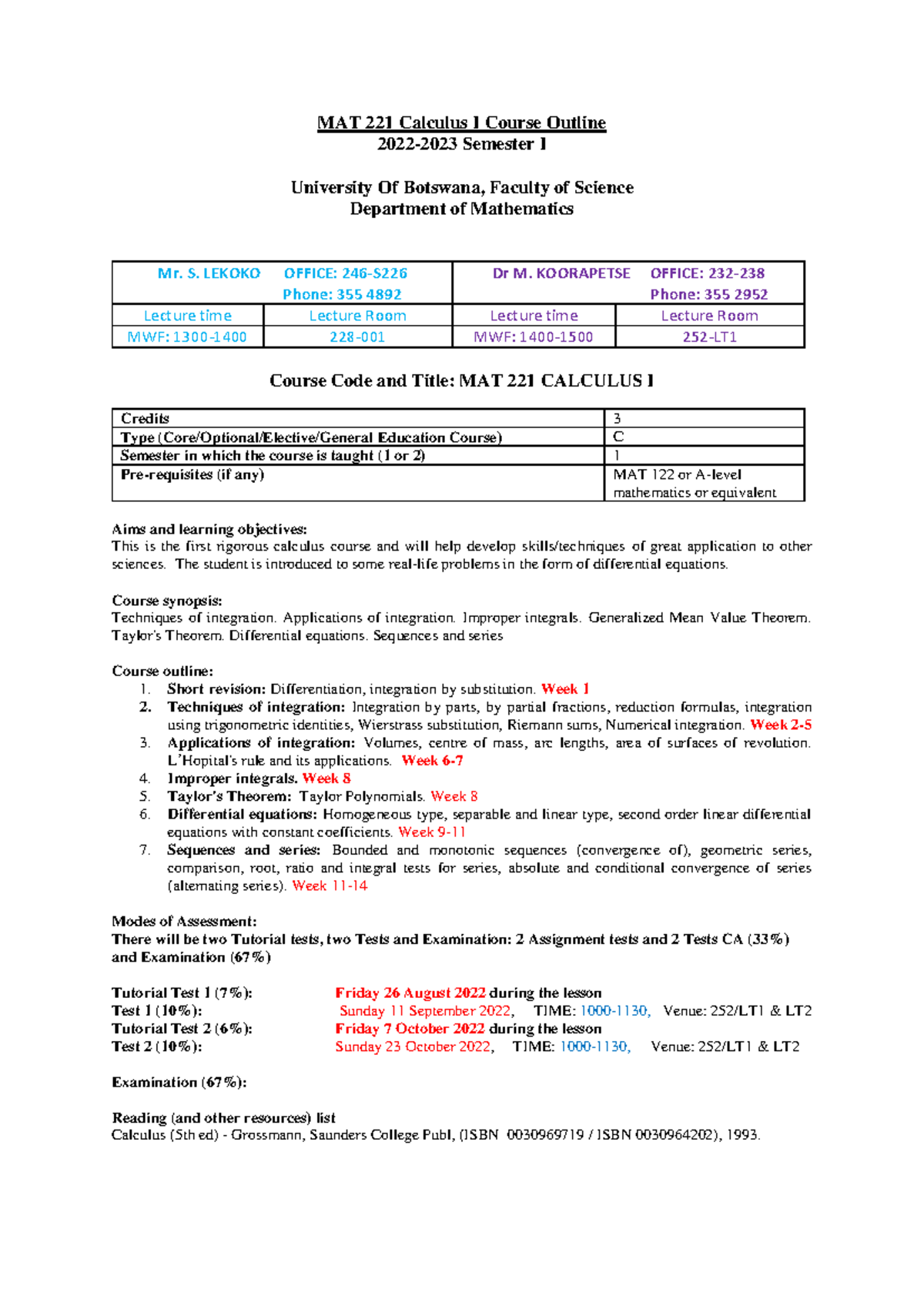 Course outline - Iyoh - MAT 221 Calculus I Course Outline 2022-2023 ...