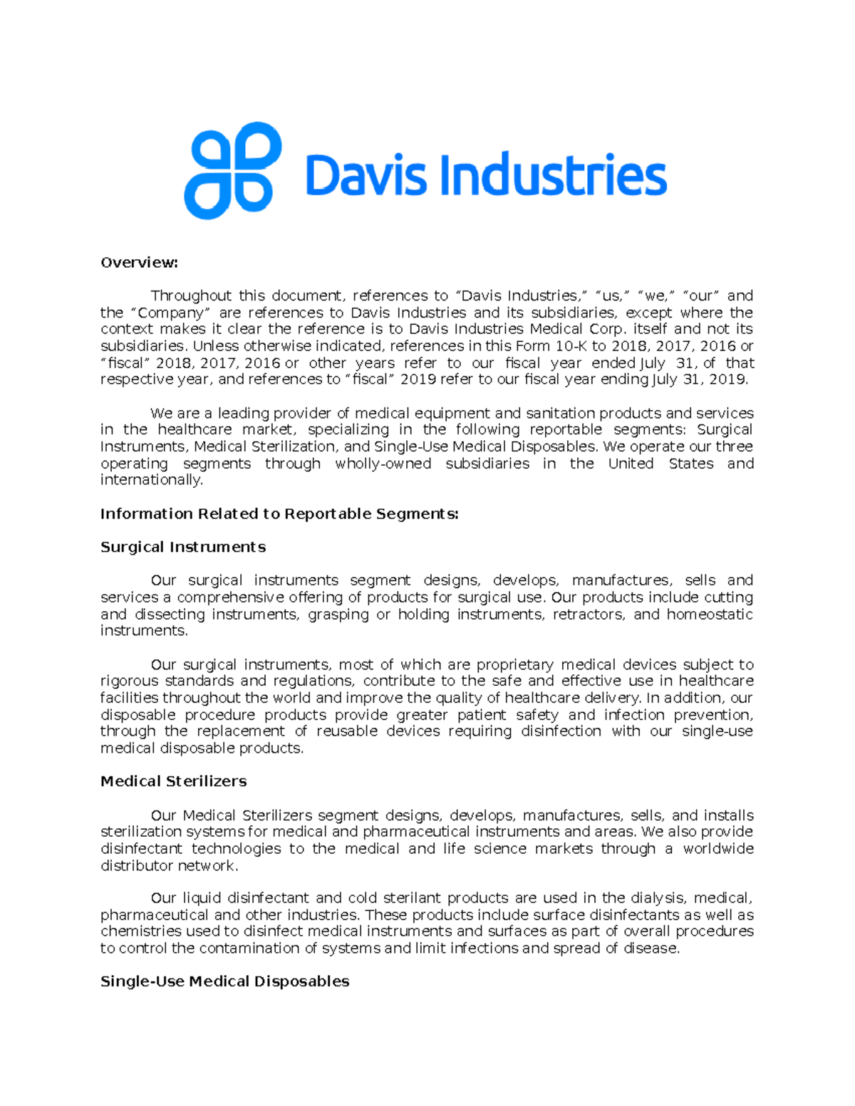 Company overview - Davis Industries - Overview: Throughout this ...
