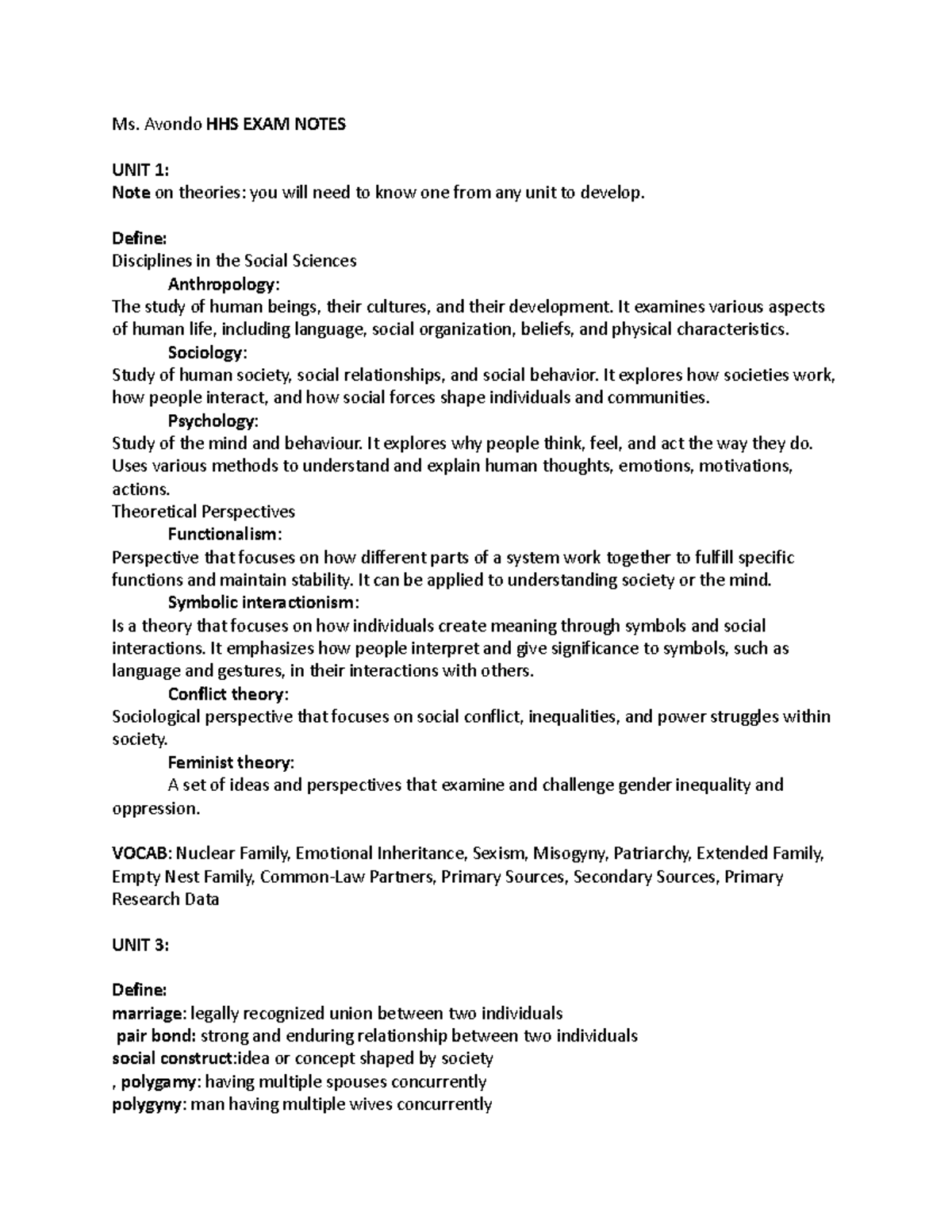 Copy of HHS Exam Notes 2023 - Ms. Avondo HHS EXAM NOTES UNIT 1: Note on ...