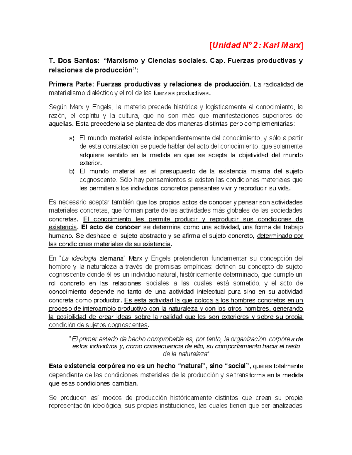 Marx - Unidad 2 sobre Marx - [ Unidad N° 2: Karl M arx ] T. Dos Santos: