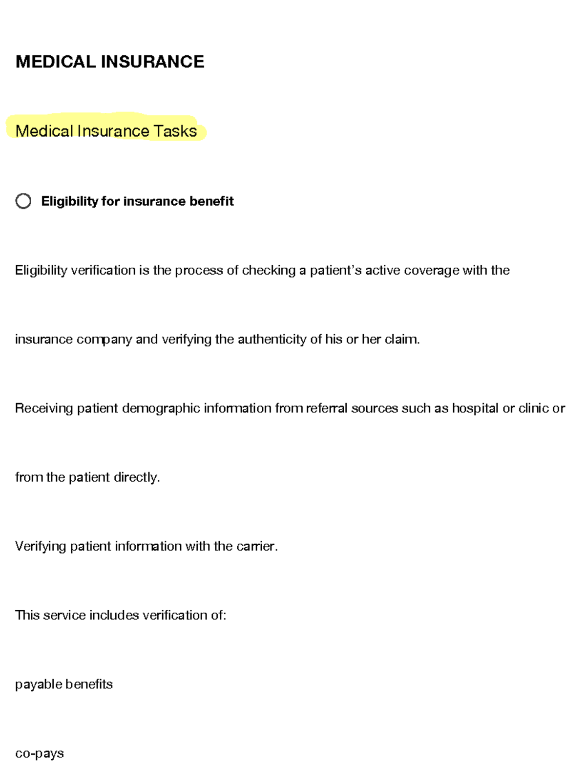 Study Guide - MEDICAL INSURANCE Medical Insurance Tasks Eligibility for ...