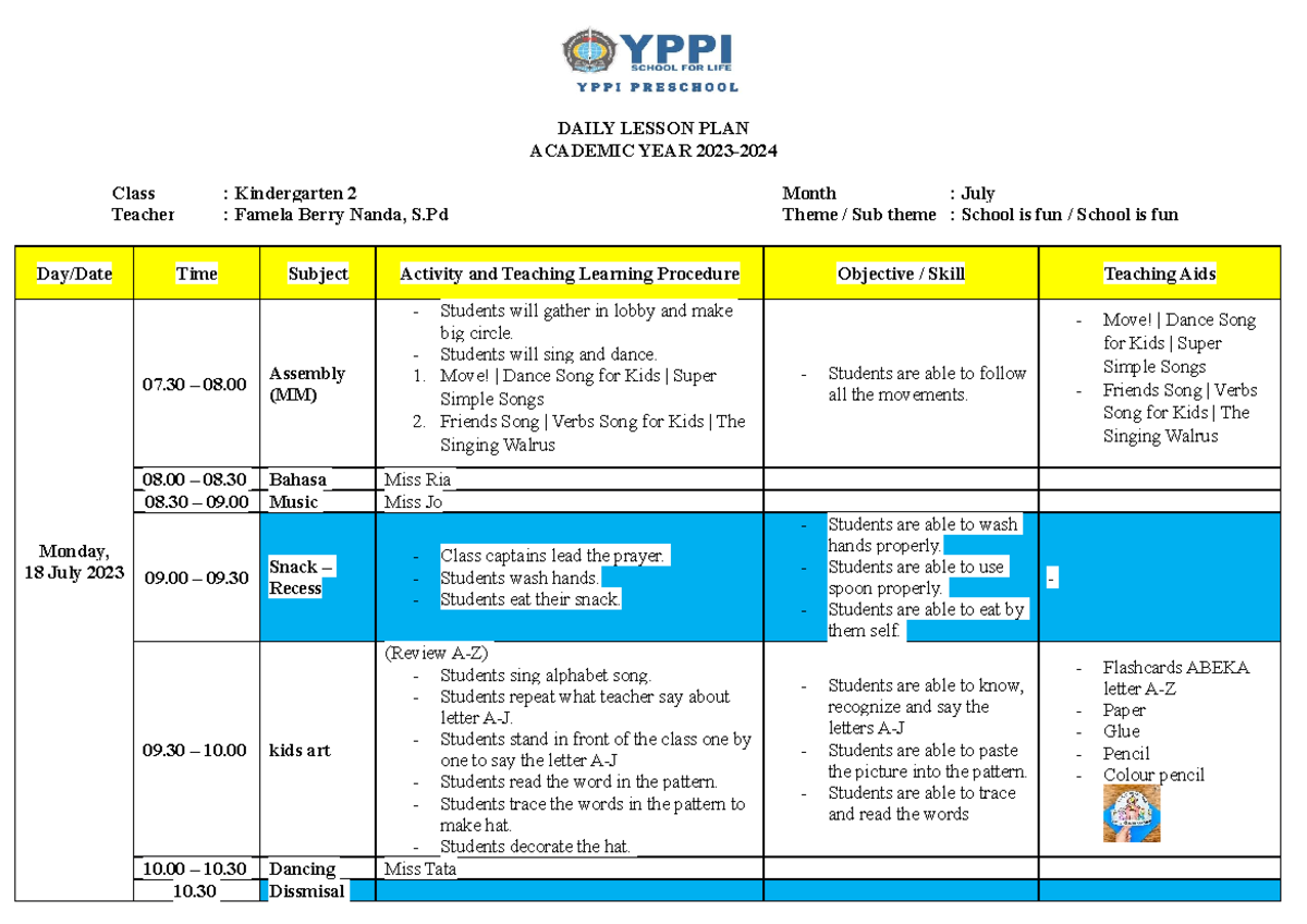 Daily Lesson PLAN (18-22 July 2023) - DAILY LESSON PLAN ACADEMIC YEAR ...