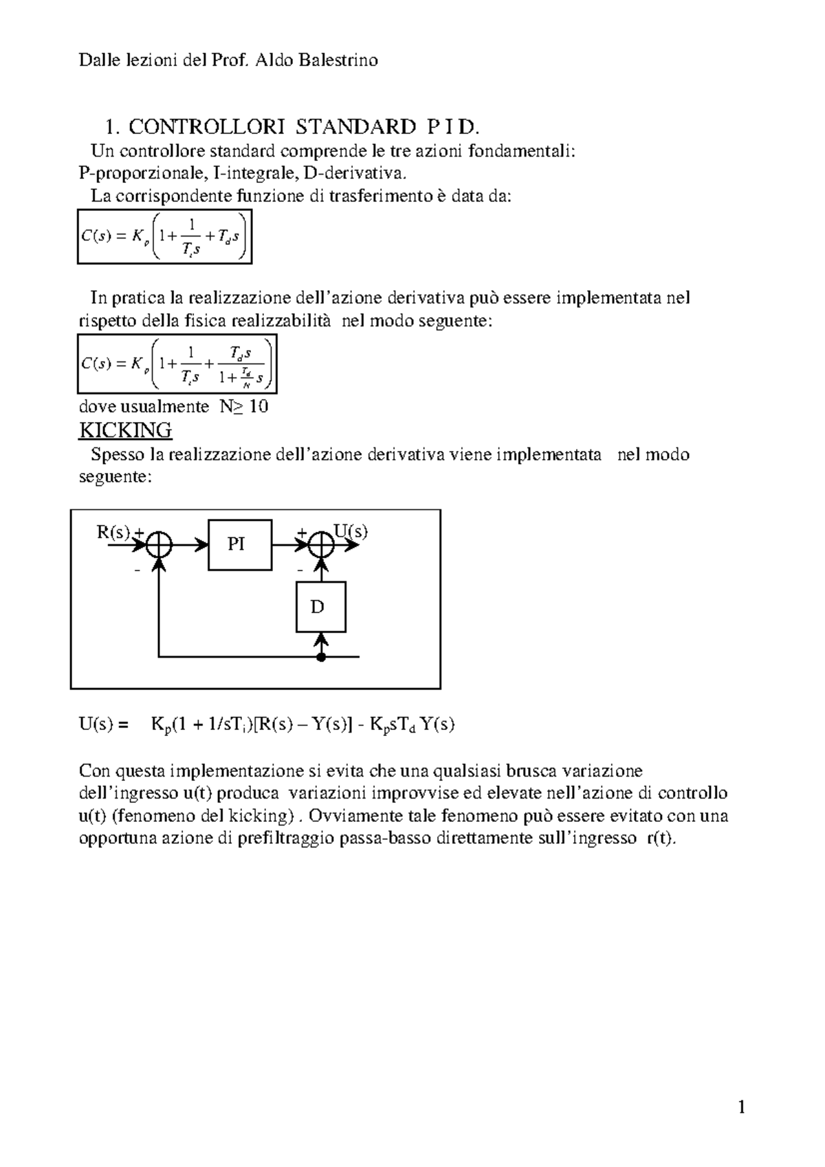 Appunti, Taratura di regolatori PID - Dalle lezioni del Prof. Aldo ...