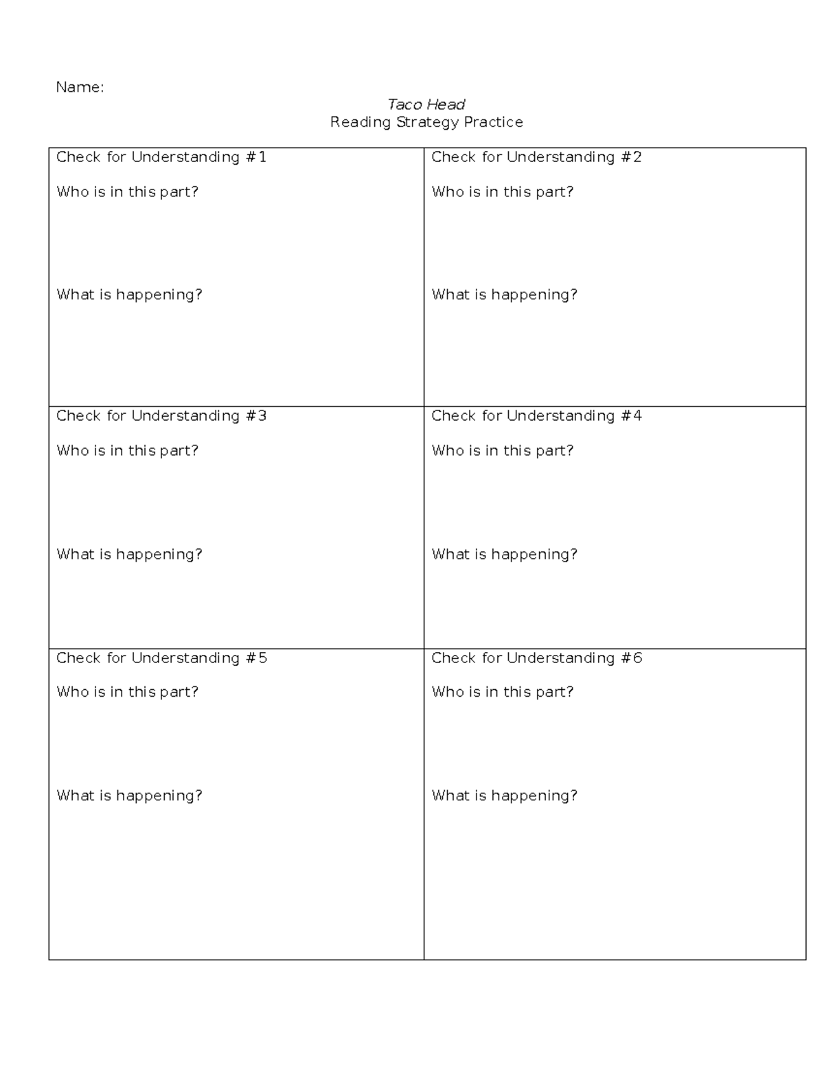 Taco Head Handout - Use the short story Taco Head to teach students to ...