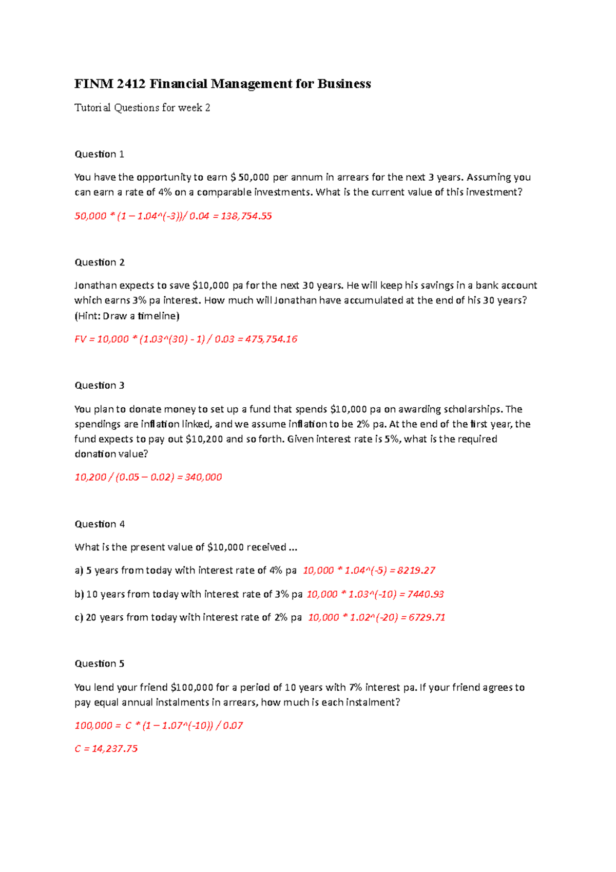 Week 2 Tutorial Answers - FINM 2412 Financial Management for Business ...