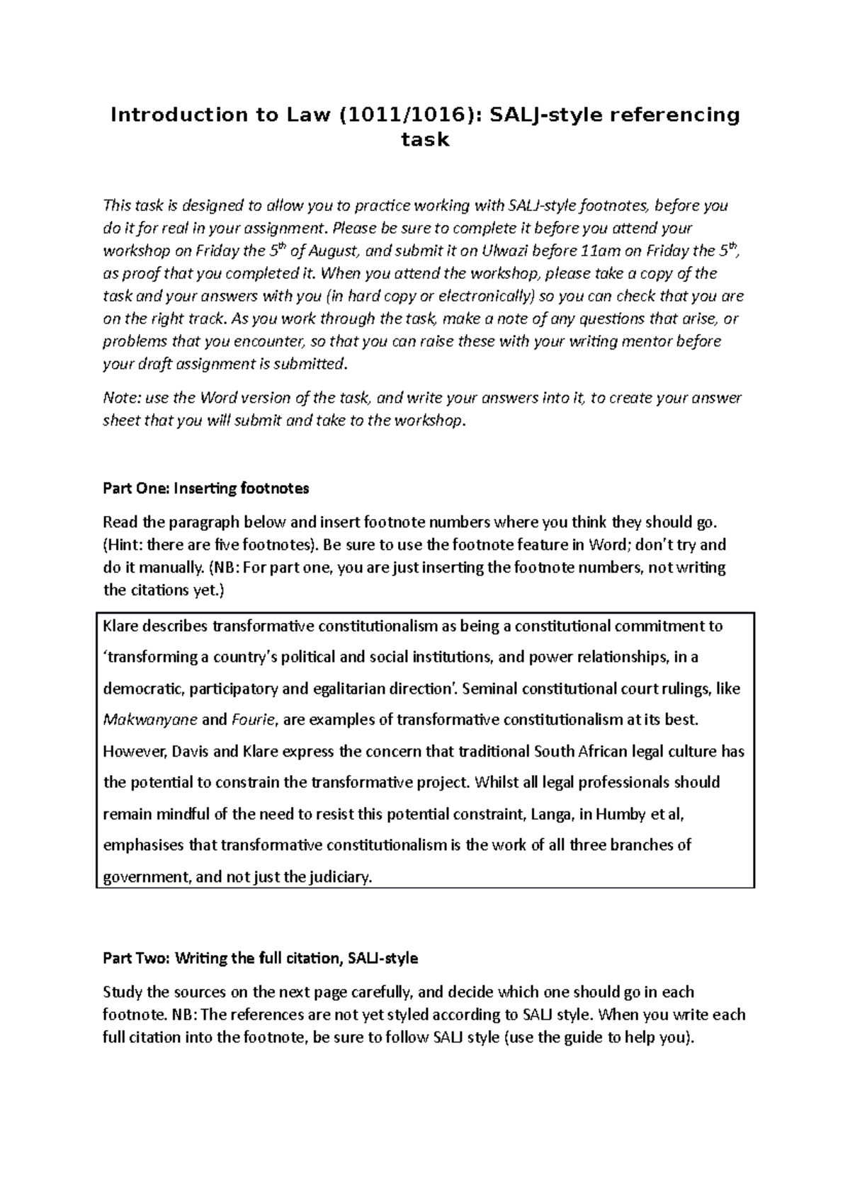Introduction to Law SALJ Referencing task 2022 - Introduction to Law ...