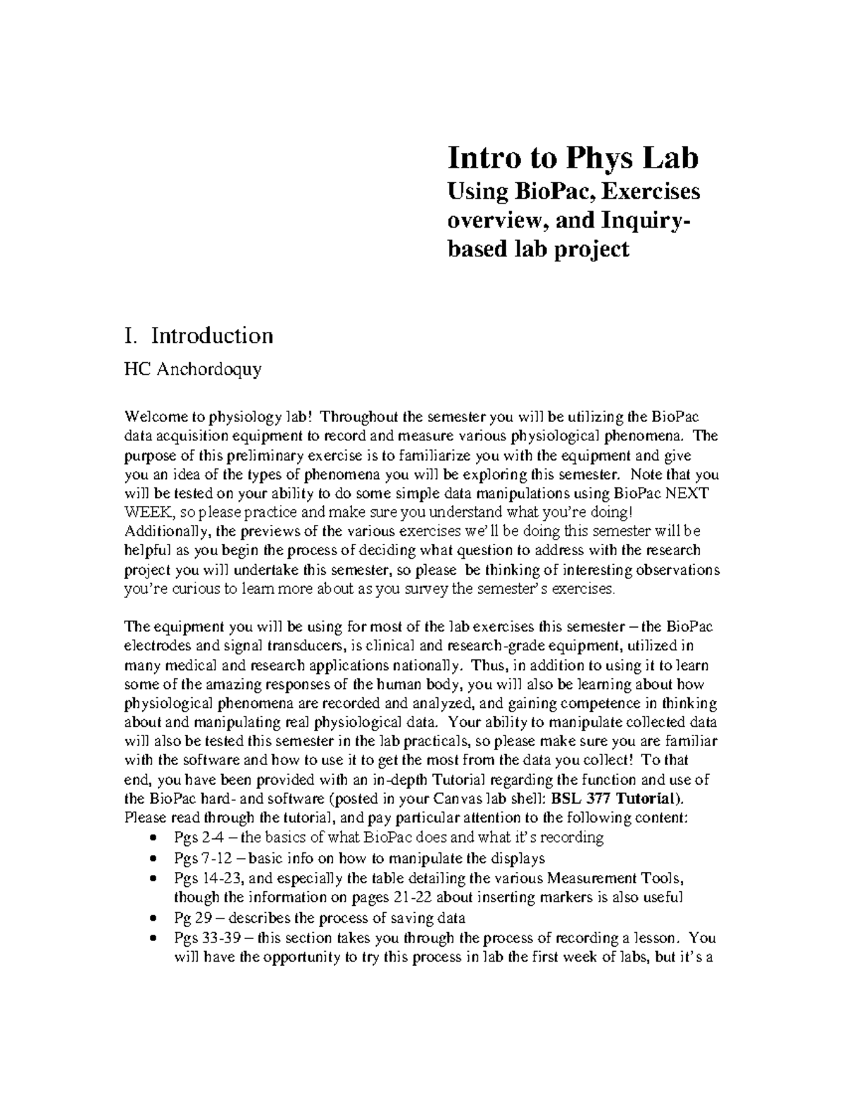 01 Intro TO PHYS LAB Bio Pac and lab project info - Intro to Phys Lab ...