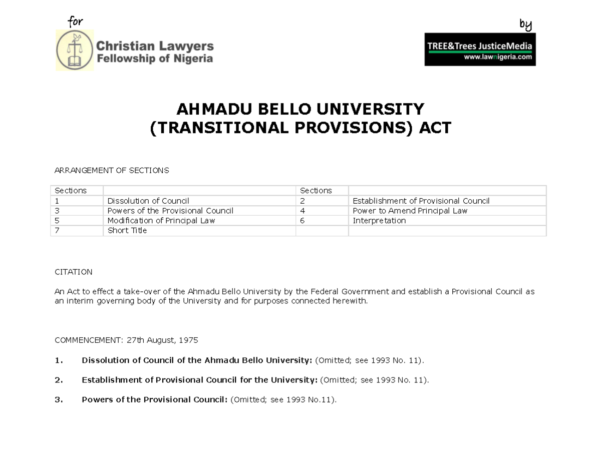 Ahmadu Bello University ( Transitional Provisions) ACT - for by AHMADU ...