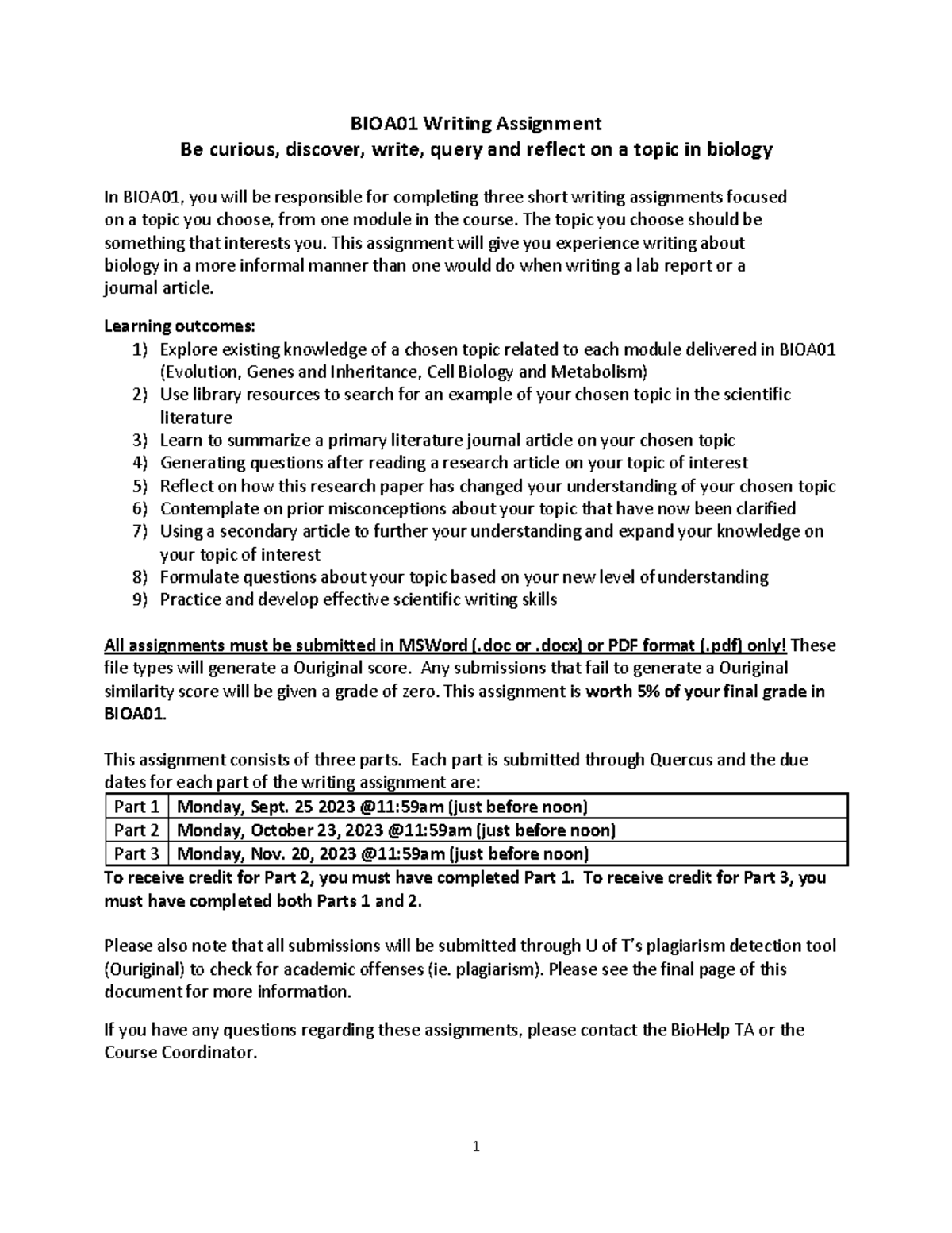 BIO A01 Writing Assignment directions F2023 - BIOA01 Writing Assignment ...