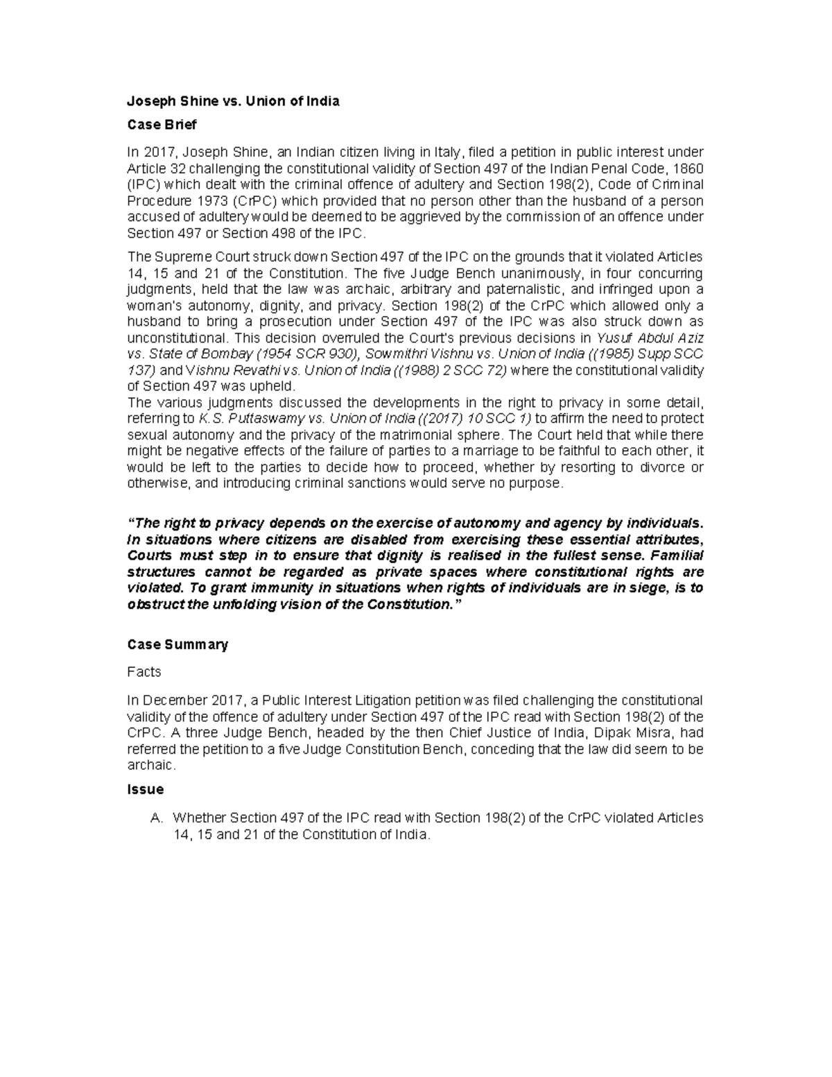Legal case laws - Joseph Shine vs. Union of India Case Brief In 2017 ...