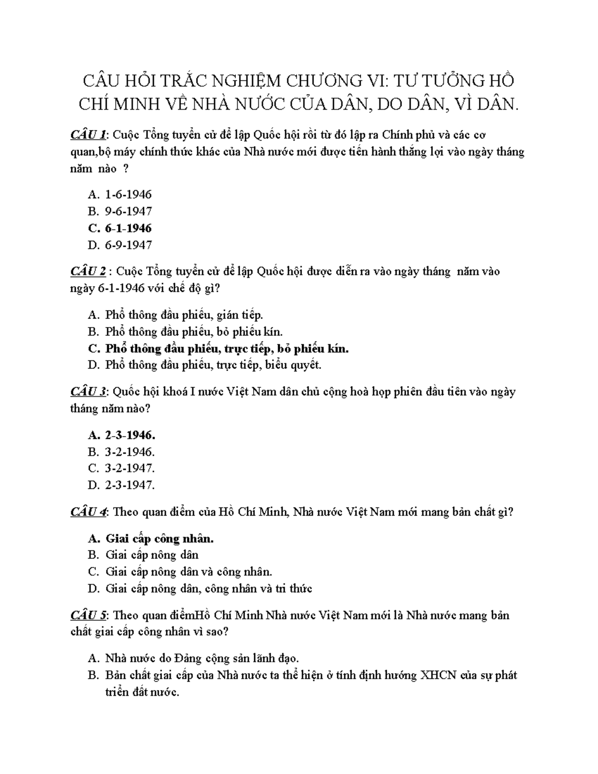 On tp T Tng HCM chng 6-co dap an - CÂU HỎI TRẮC NGHIỆM CHƯƠNG VI: TƯ TƯỞNG HỒ CHÍ MINH VỀ NHÀ ...