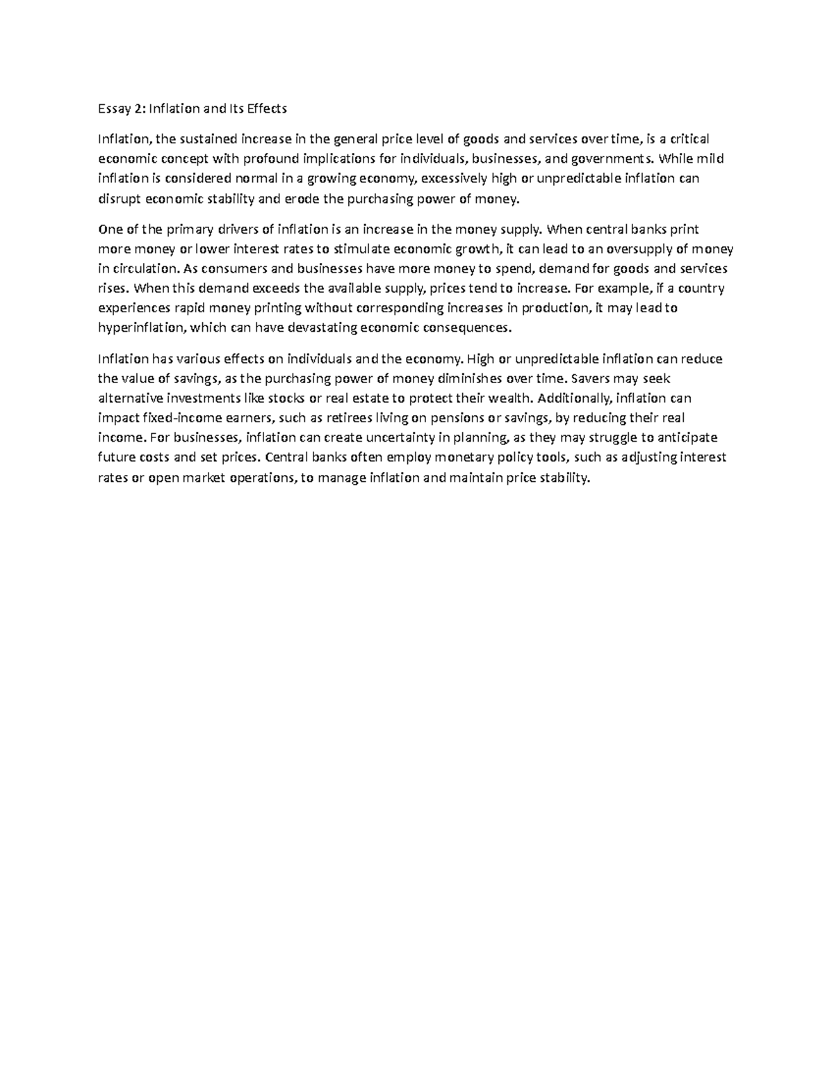 Economic Development - Essay 2: Inflation and Its Effects Inflation ...