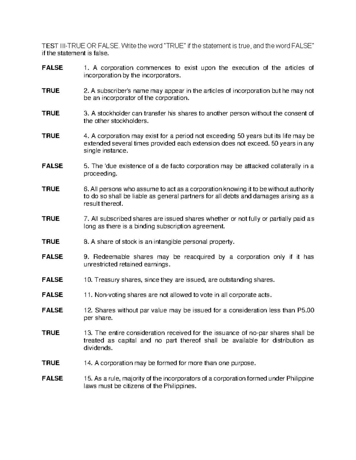 Corporation LAW- Questionnaire TRUE OR False - TEST III-TRUE OR FALSE ...