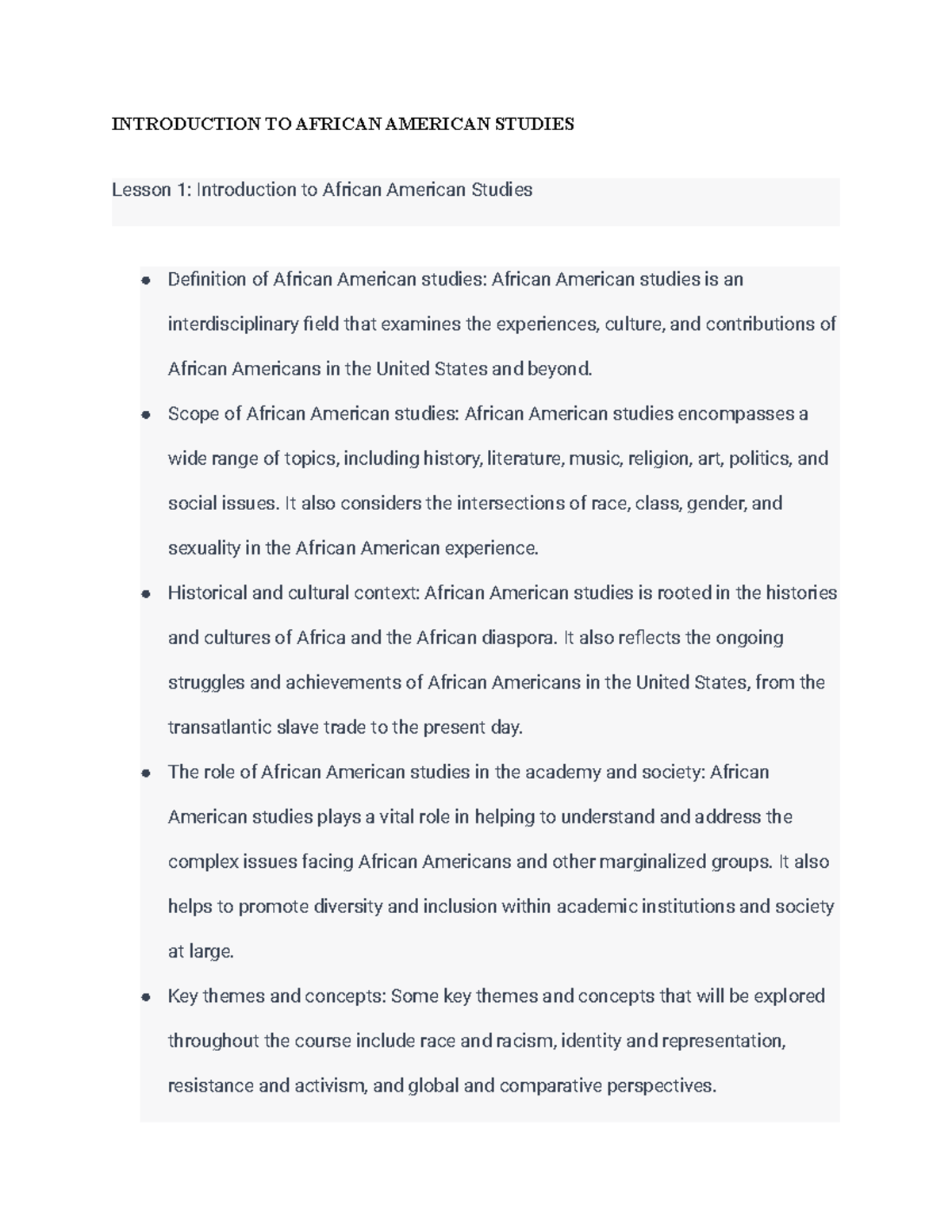 AFAM lecture notes - INTRODUCTION TO AFRICAN AMERICAN STUDIES Lesson 1 ...